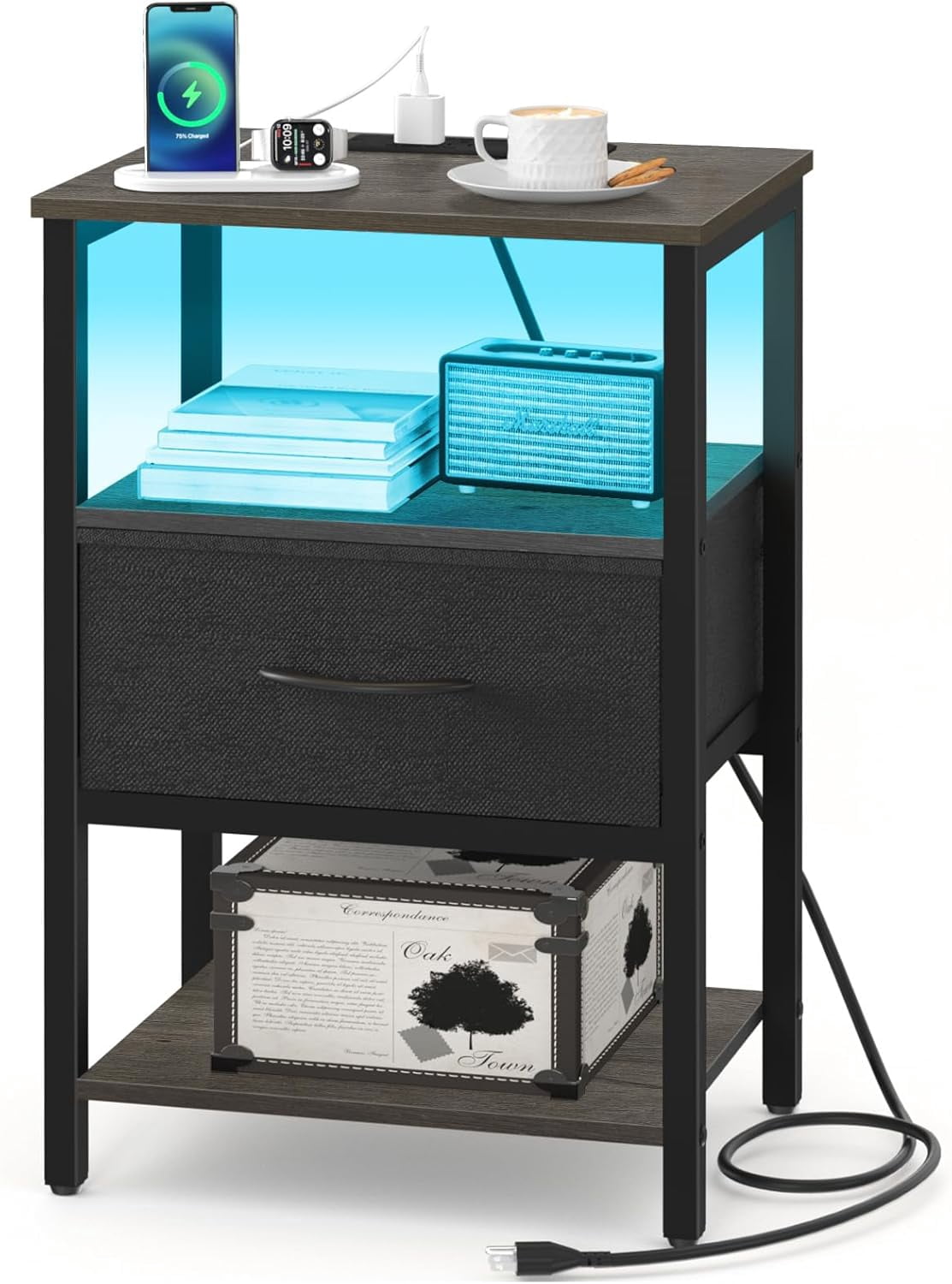 Side Table with Storage, LED Night Stand with Charging Station, End ...