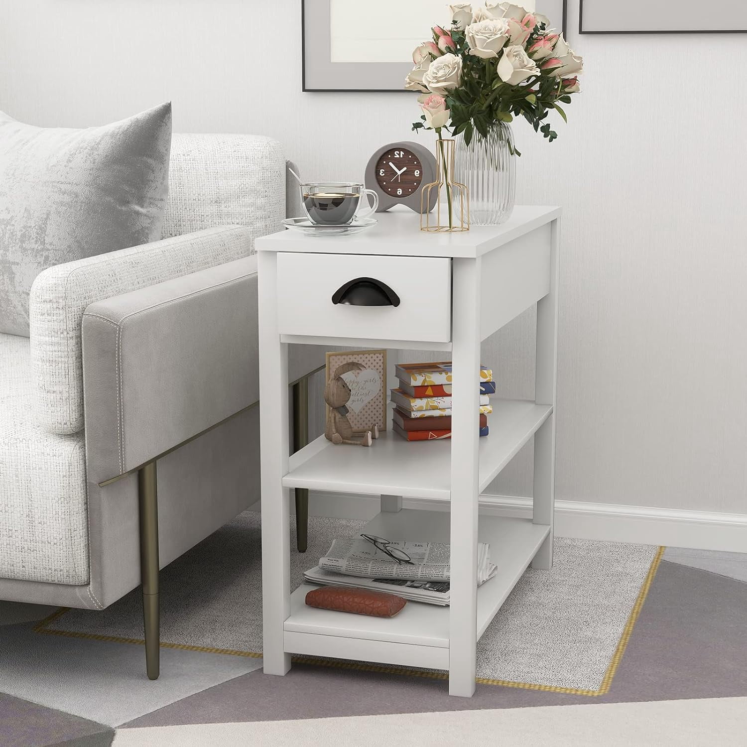 Side Table with Storage Narrow End Table with Flip Top Modern ...