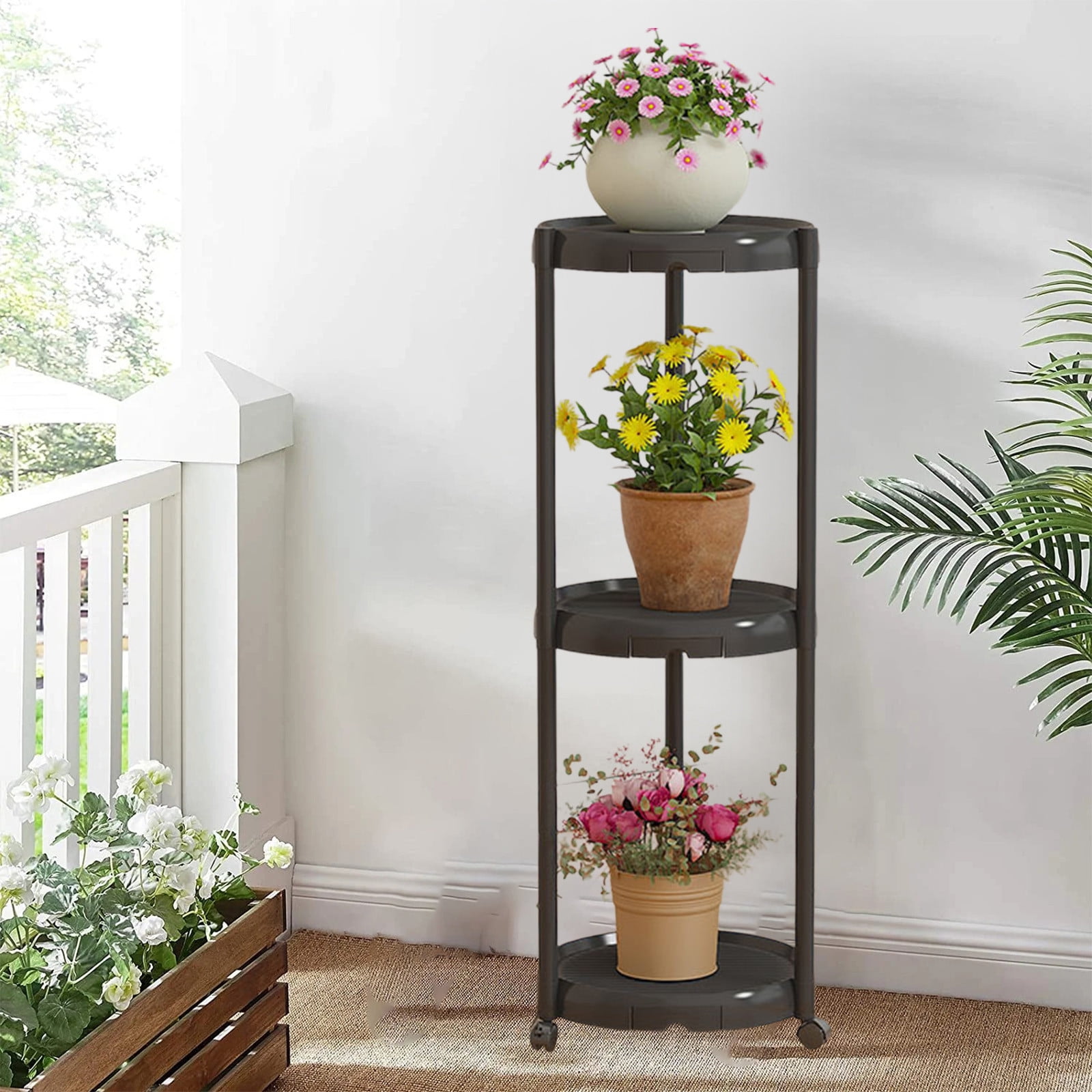 Side Table with Wheels, Couch End Table, Plant Stand 3 Layer Flower Pot ...