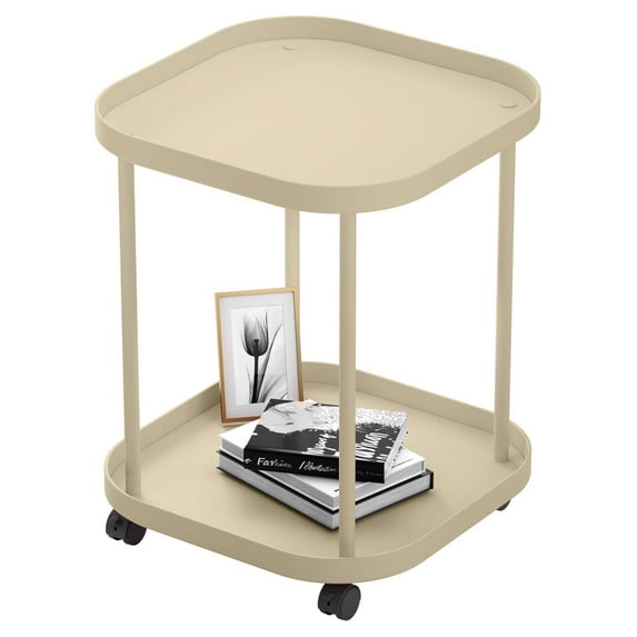 Side Table with Wheels, End Table Living Room - Mobile 2 Tier Plastic ...