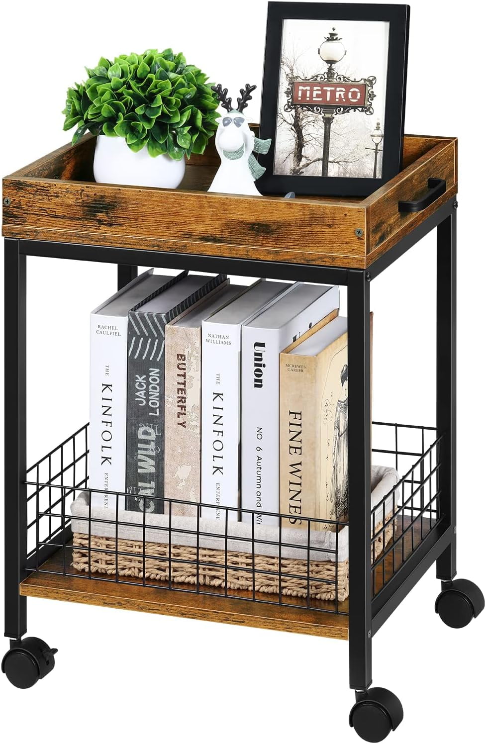 Side Table with Wheels,End Table with Removable Serving Tray ...