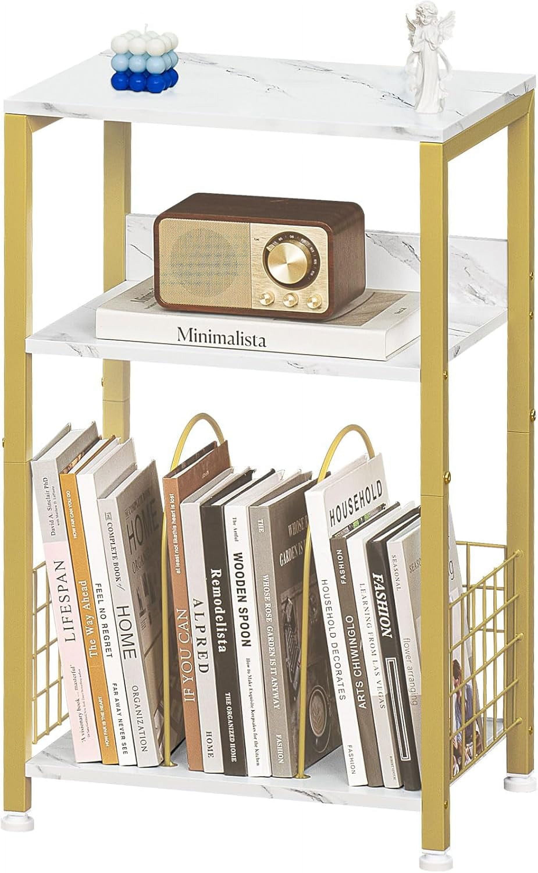 Side Table,White Marble Night Stand with Golden Metal Frame,3 Tier ...