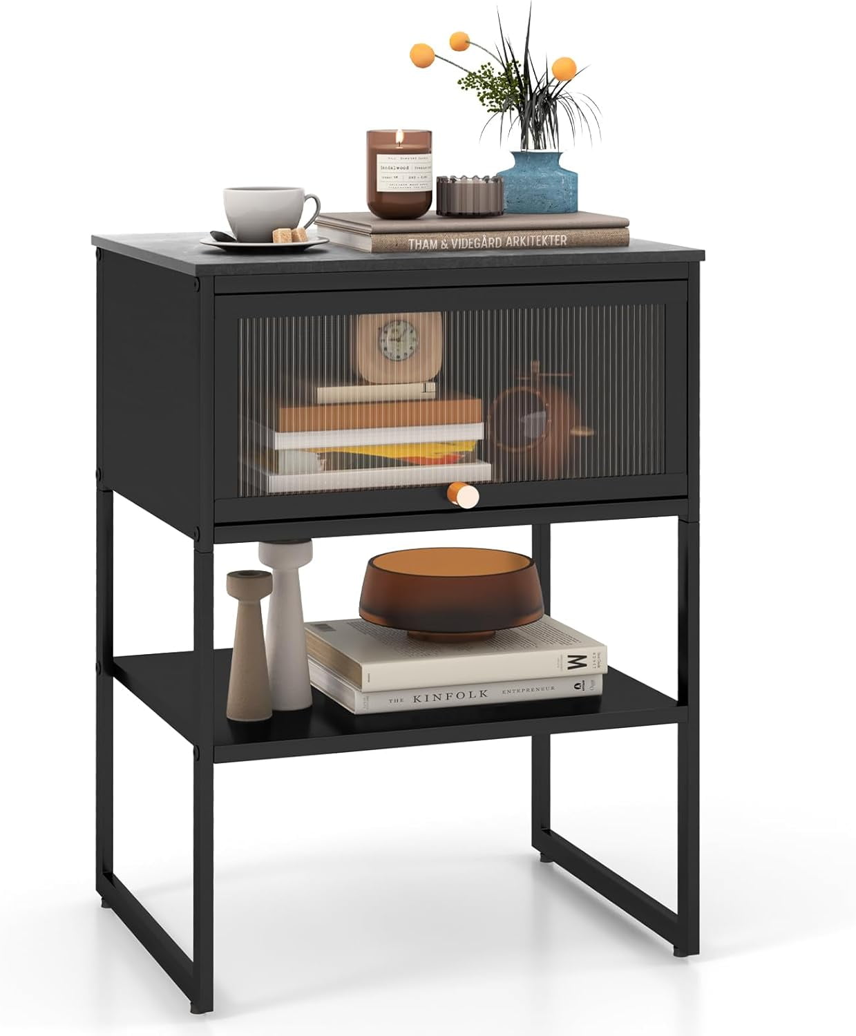 Side Table w/Flip Up Drawer, End Table w/Open Storage Shelf & Metal ...