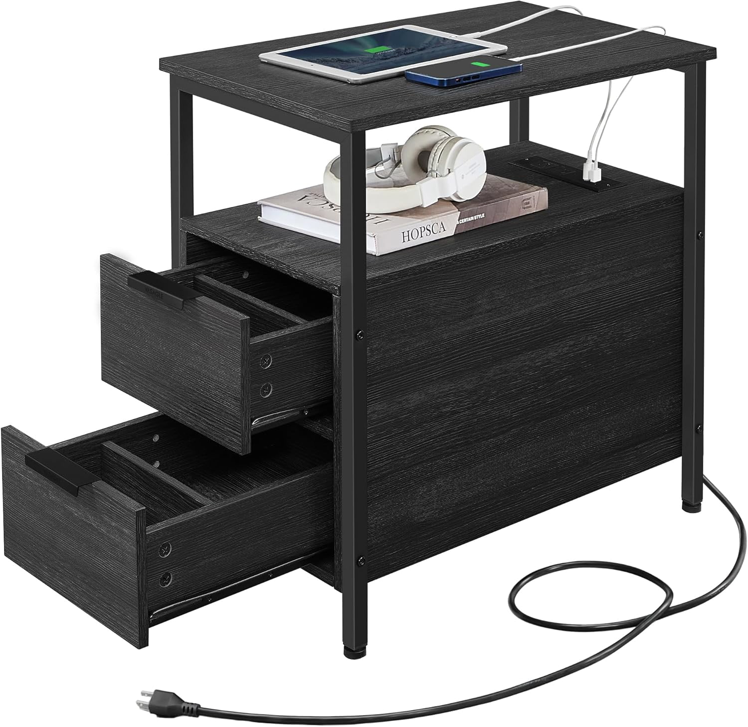 Side Table with Charging Station, Narrow End Table with 2 Drawers, Slim ...