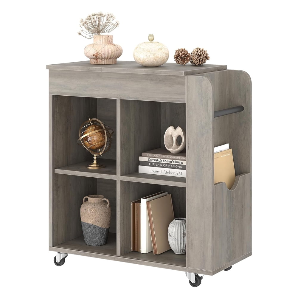 Side Table with Storage, 27" Tall End Table with Rolling Wheels for ...