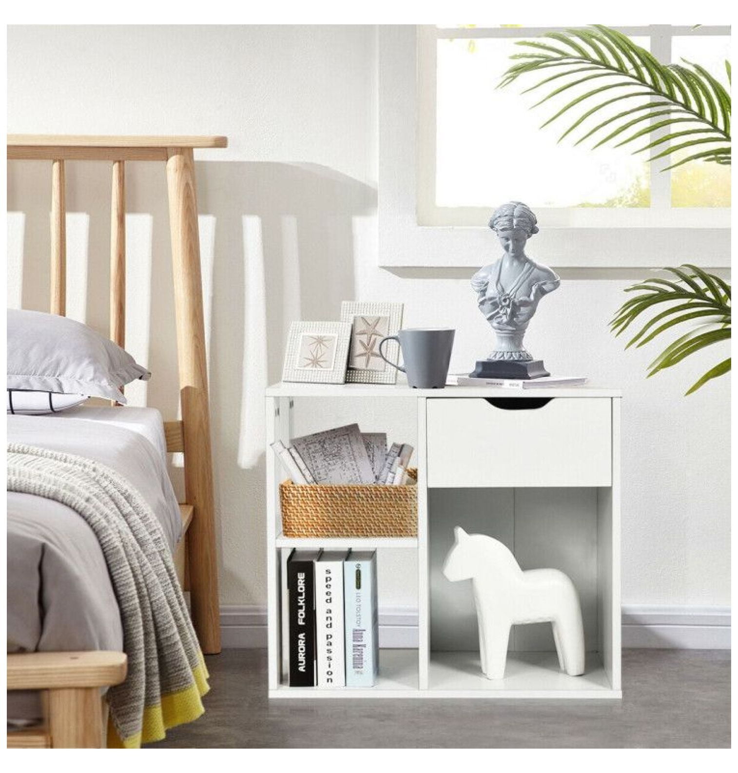 Side Table with Storage, 3-Tier End Table with Drawer, White Nightstand ...