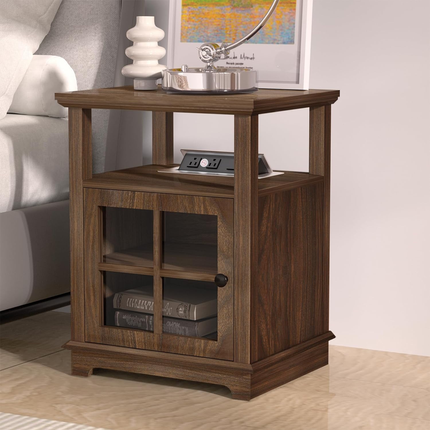 Side Table with Storage, End Table with Charging Station, Wireless ...