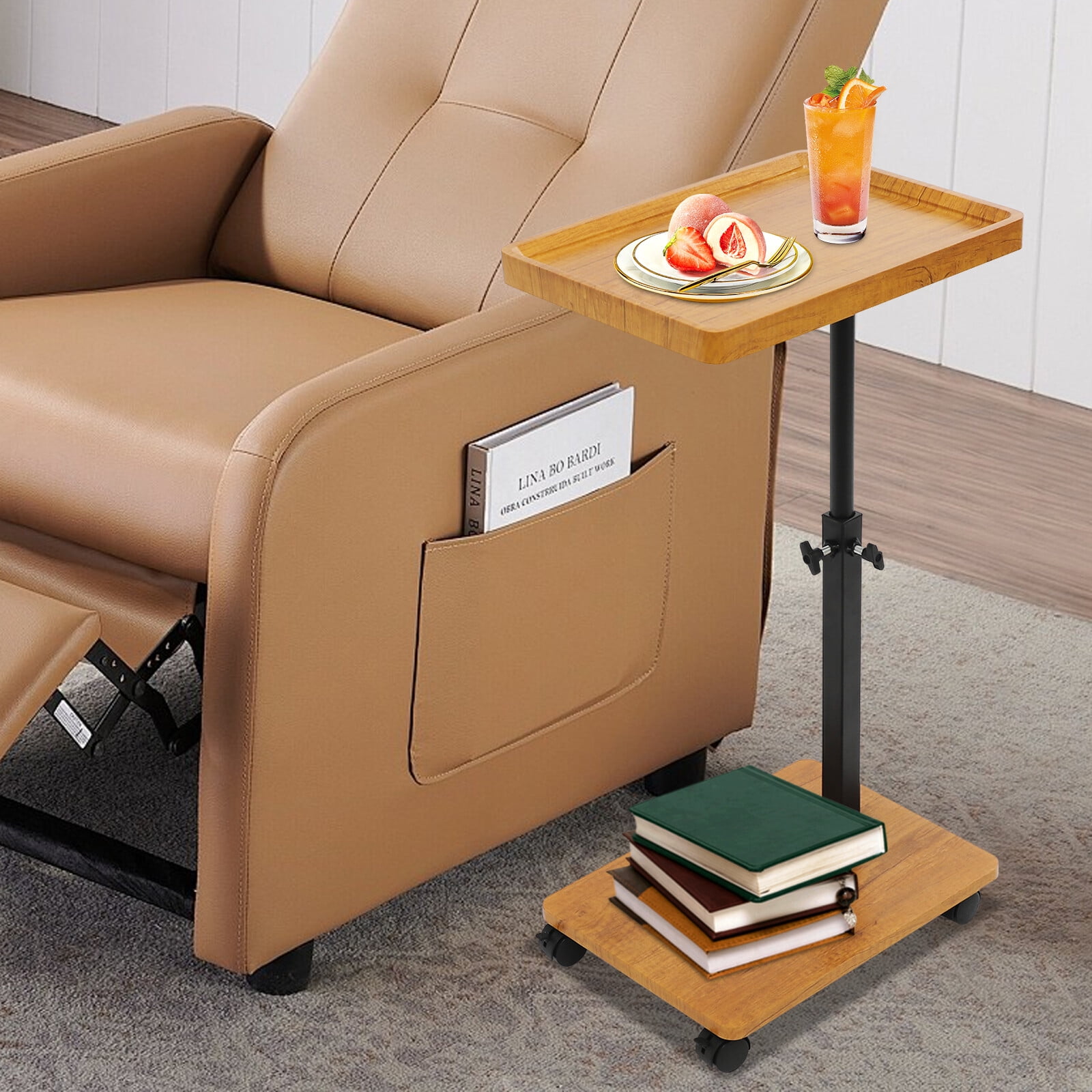 Side Table with Wheels, C Shaped End Table, Adjustable Side Table for ...