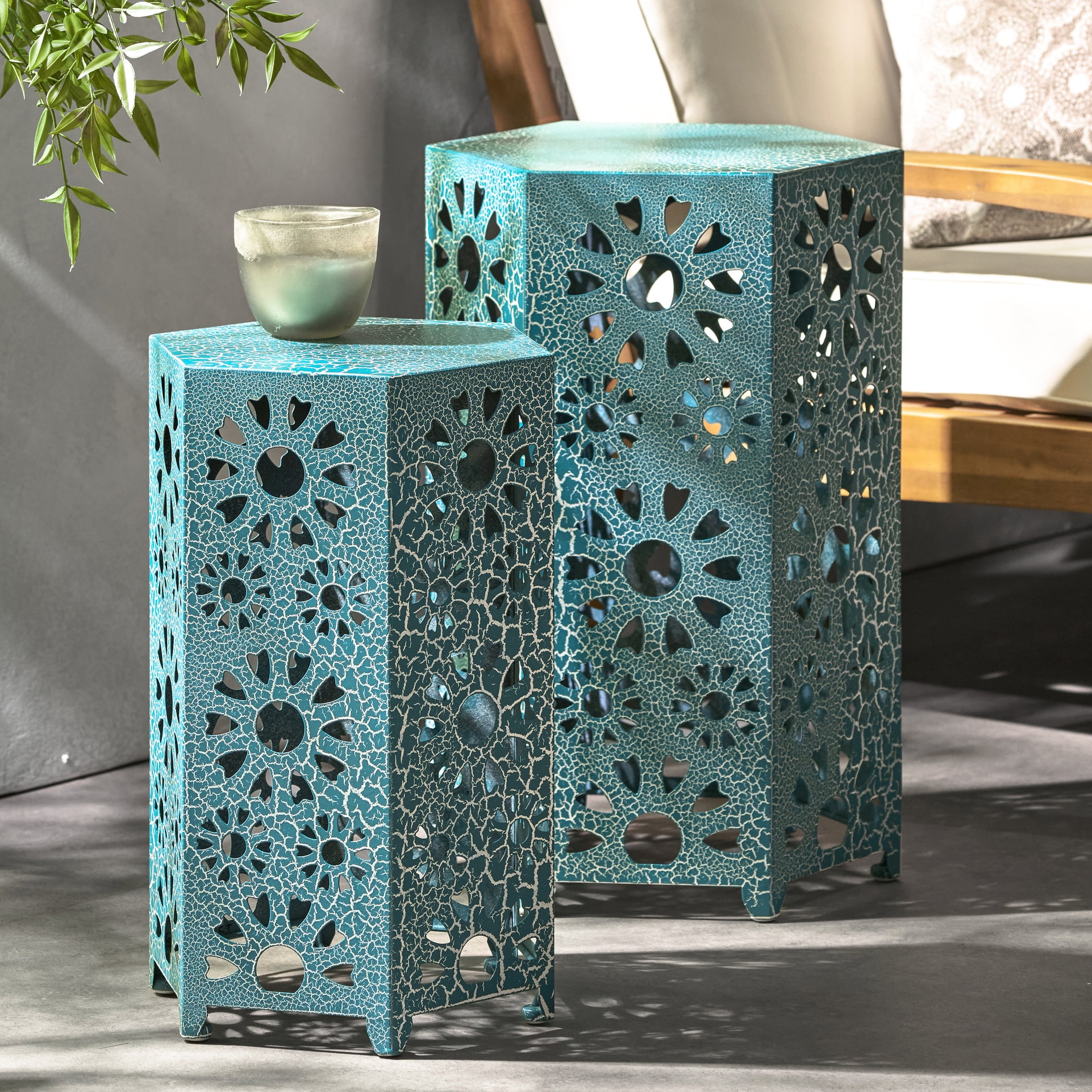 Side Tables - 2 , Style, Iron, Crackle Teal, Adds Beauty To Backyard ...