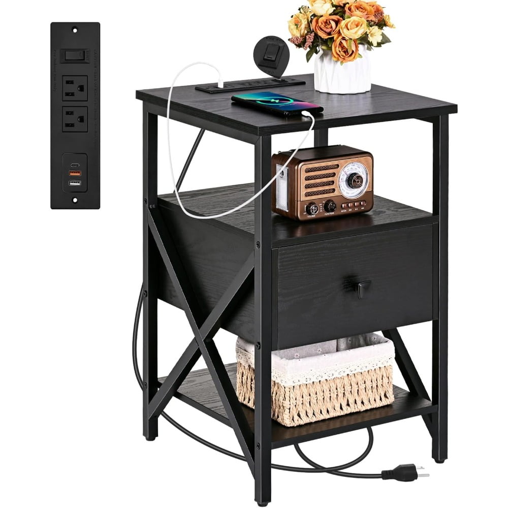 Side Tables with Charging Station, Black Charging End Table Bedside ...