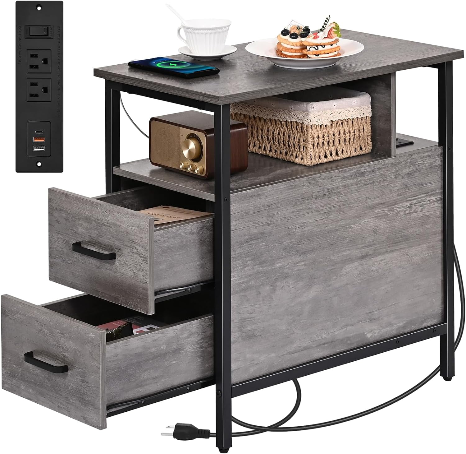 Side Tables with Charging Station, Narrow End Table with 2 Wooden ...