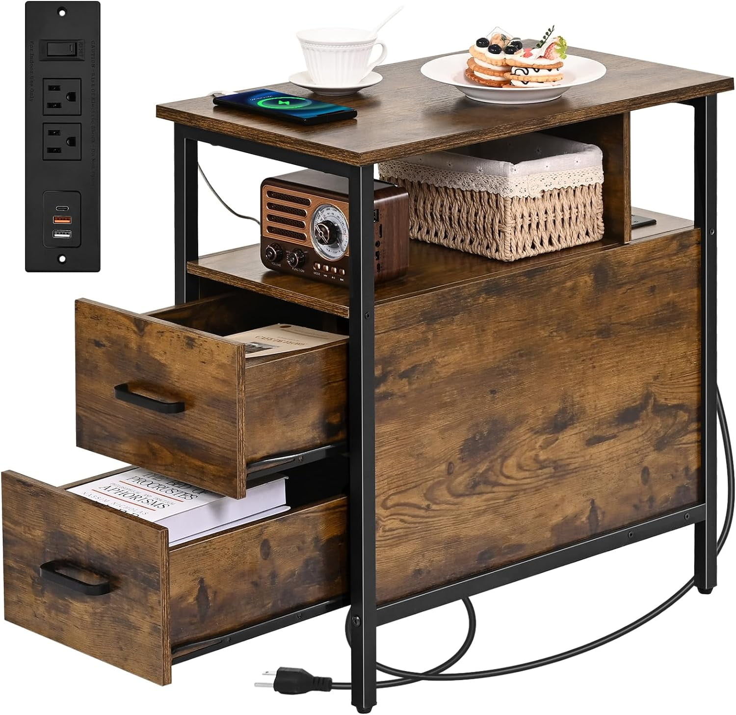 Side Tables with Charging Station, Narrow End Table with 2 Wooden ...