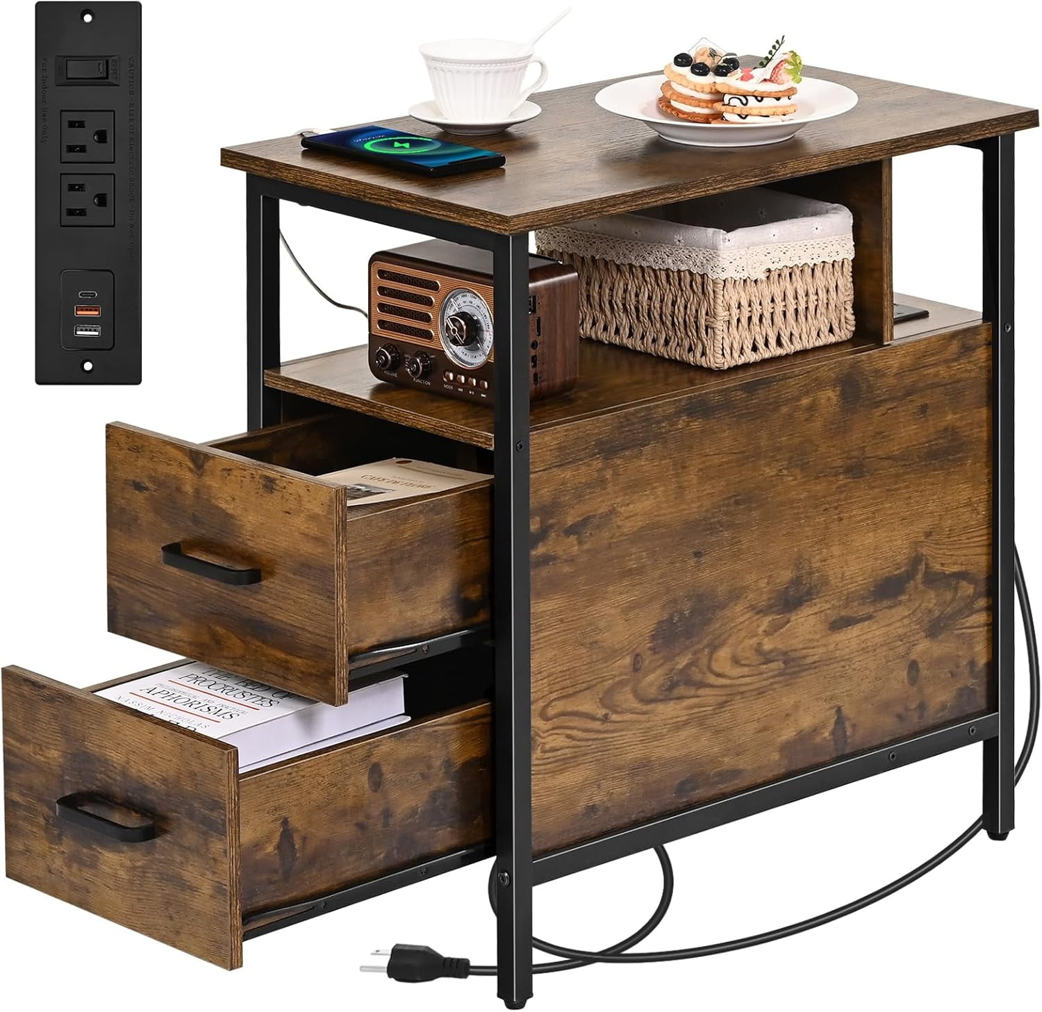 Side Tables with Charging Station, Narrow End Table with 2 Wooden ...