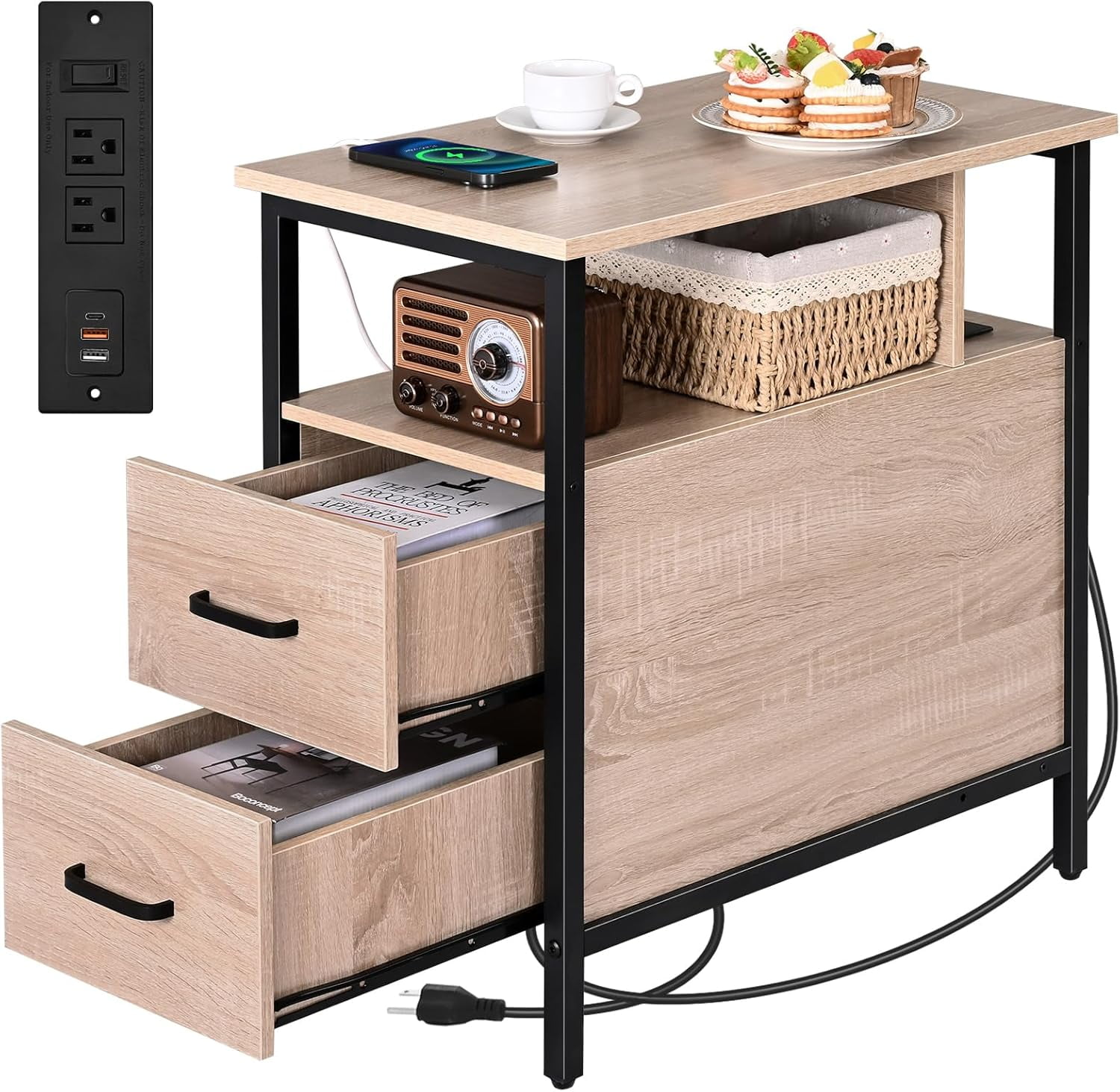 Side Tables with Charging Station, Narrow End Table with 2 Wooden ...