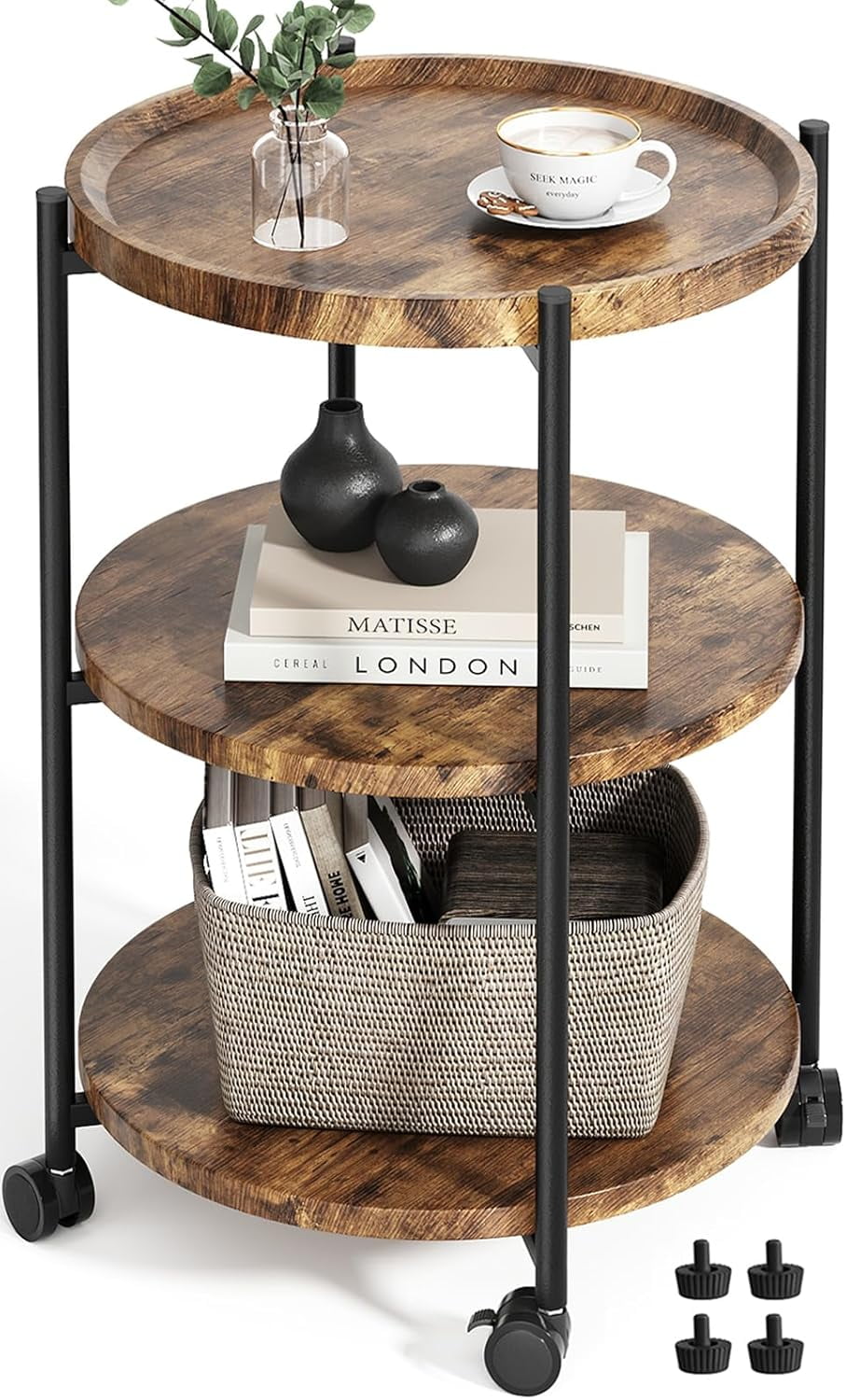 Side Tables Living Room, 3-Tier Modern End Table with Wheels, Small ...