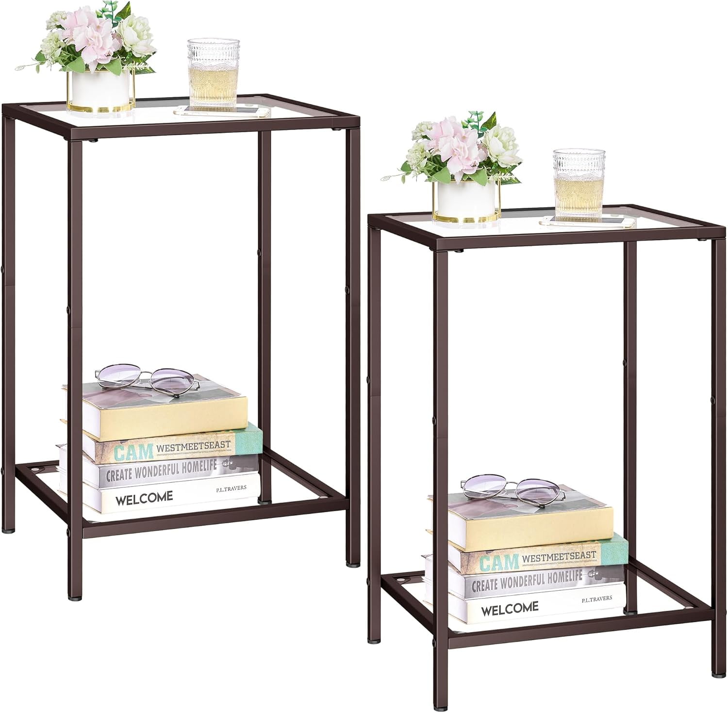 Side Tables Set of 2, End Tables with Tempered Glass, 2-Tier Nightstands with Storage Shelves ...