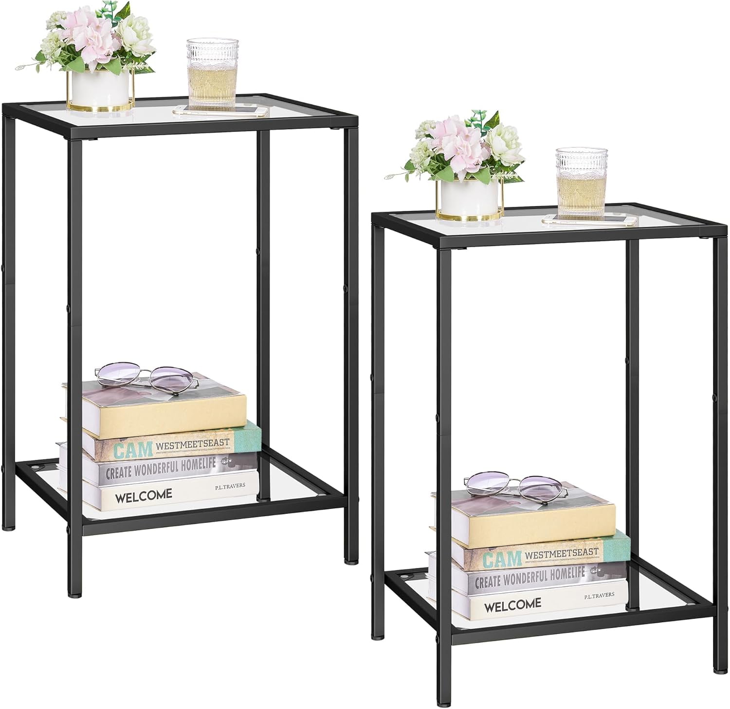 Side Tables Set of 2, End Tables with Tempered Glass, 2-Tier Nightstands with Storage Shelves ...
