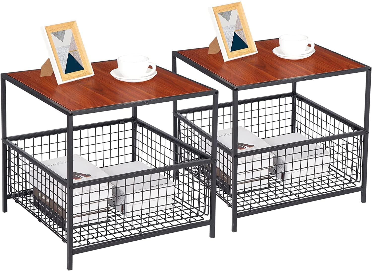 Side Tables Set of 2, End Table w/Wire Storage Basket, Small Fridge ...