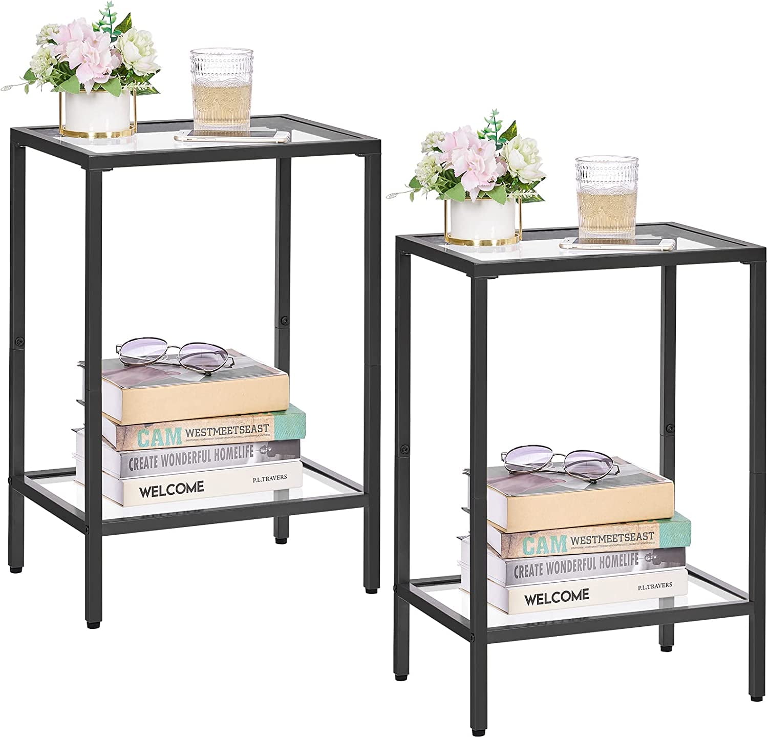 Side Tables Set of 2, End Tables with Tempered Glass, 2-Tier ...