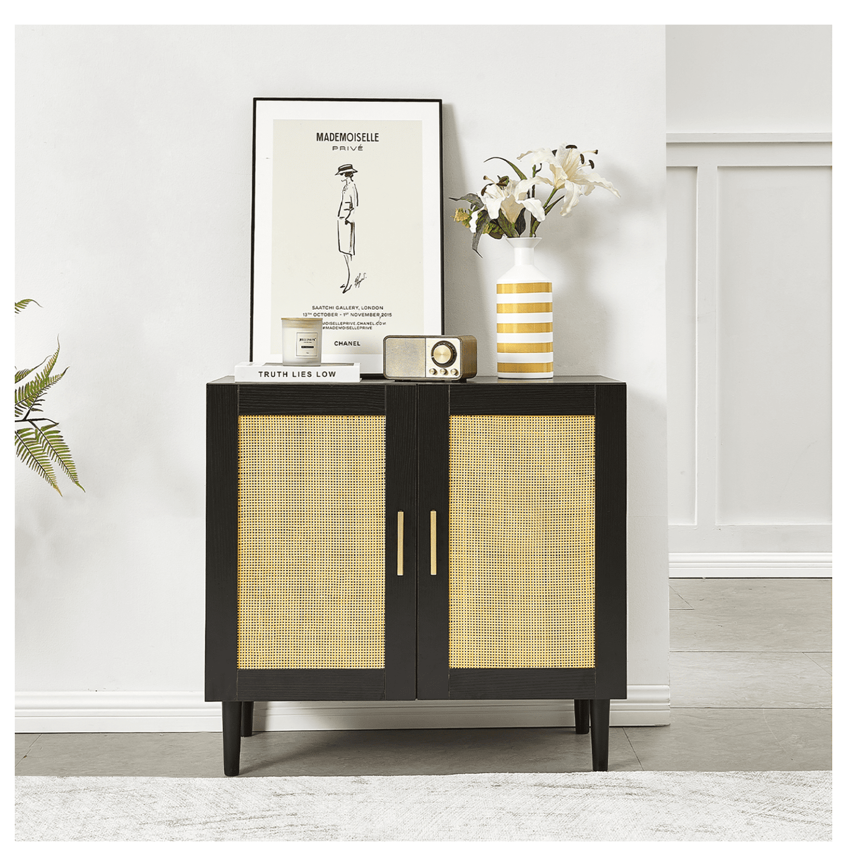 Side panel buffet cabinet with natural rattan door, rattan storage ...