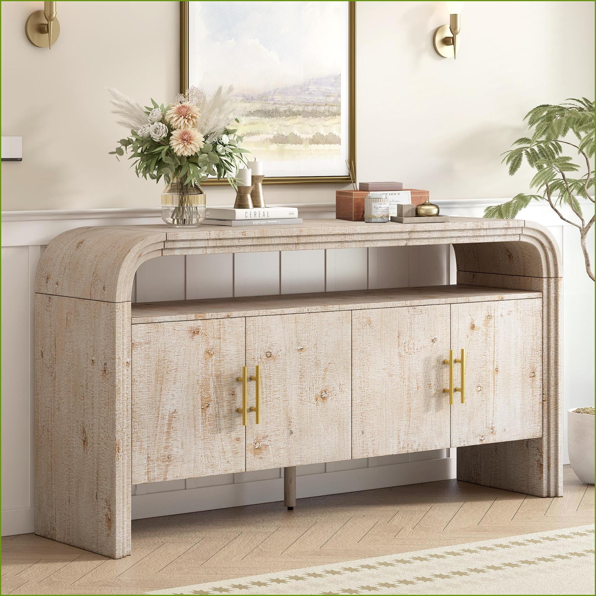 Sideboard, 59.8'' Retro Minimalist Curved Storage Buffet with 4 Doors ...