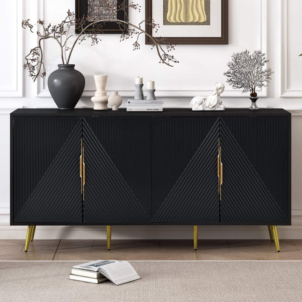 Sideboard, 63'' Storage Cabinets with Wave Geometric Design, Buffet ...