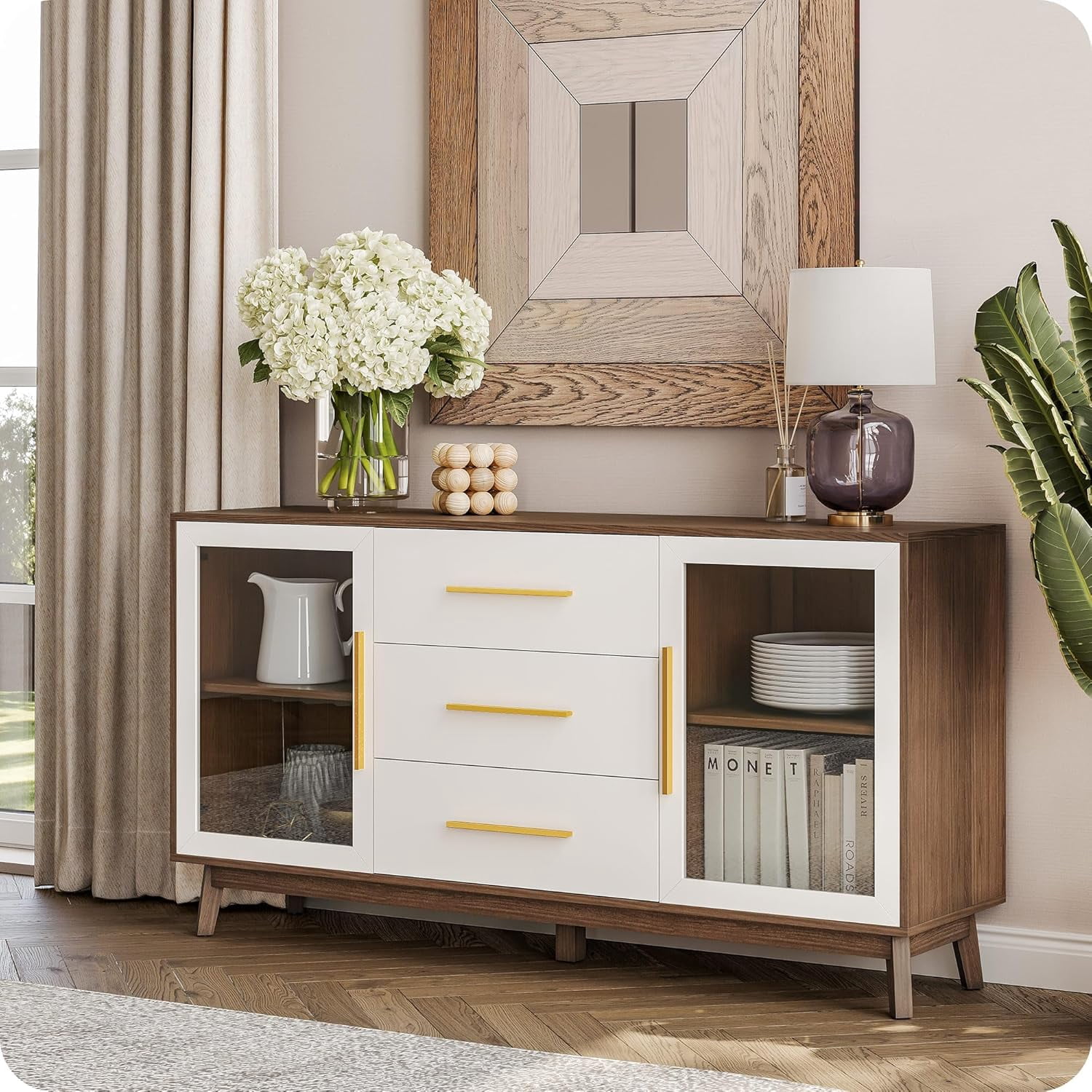 Sideboard Buffet, 60‘’ Console Table with 3 Drawers & 2 Glass Doors ...