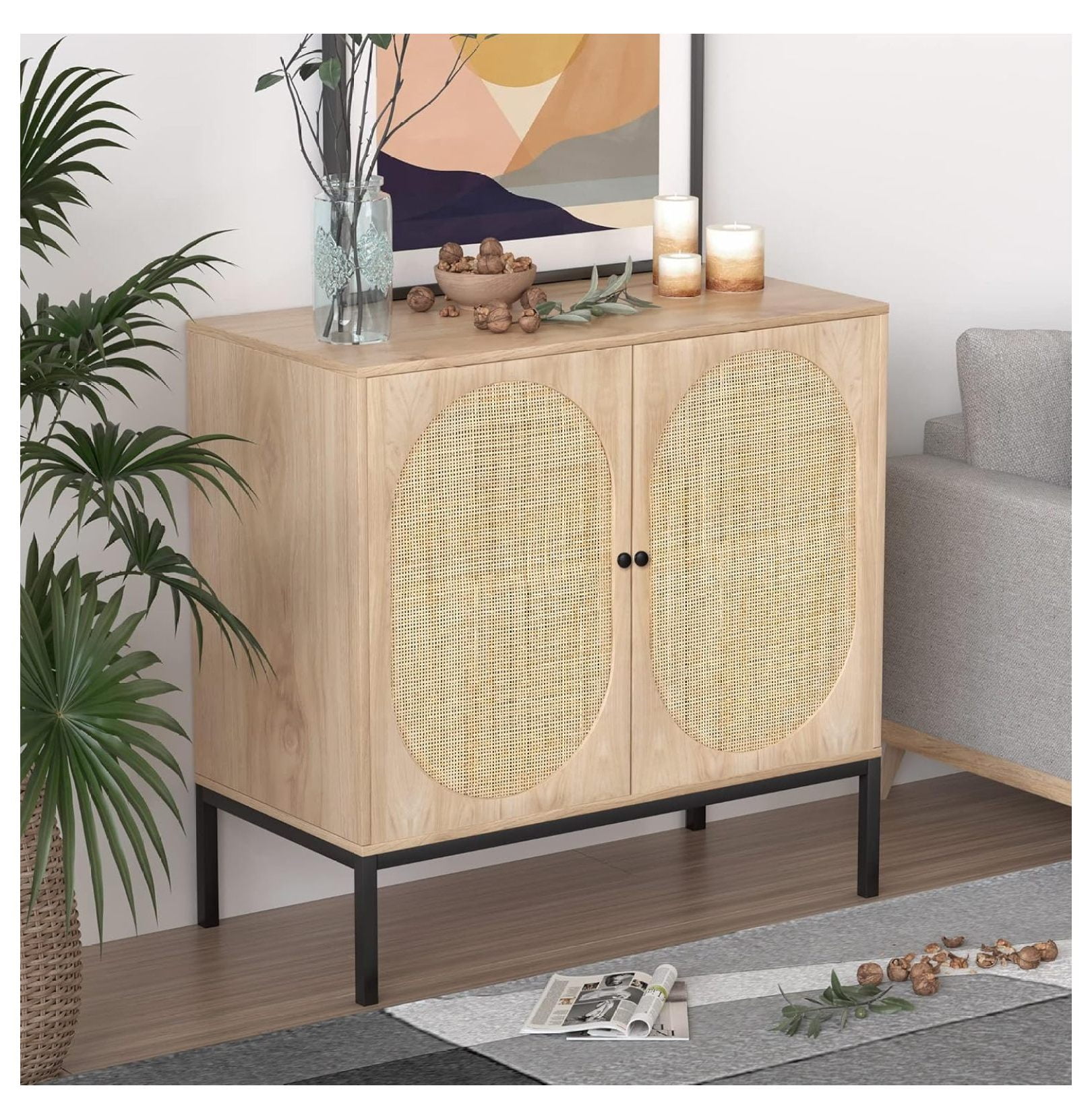 Sideboard Buffet Cabinet with 2 Natural Rattan Decorated Oval Doors, 31.5" W Accent Rattan ...