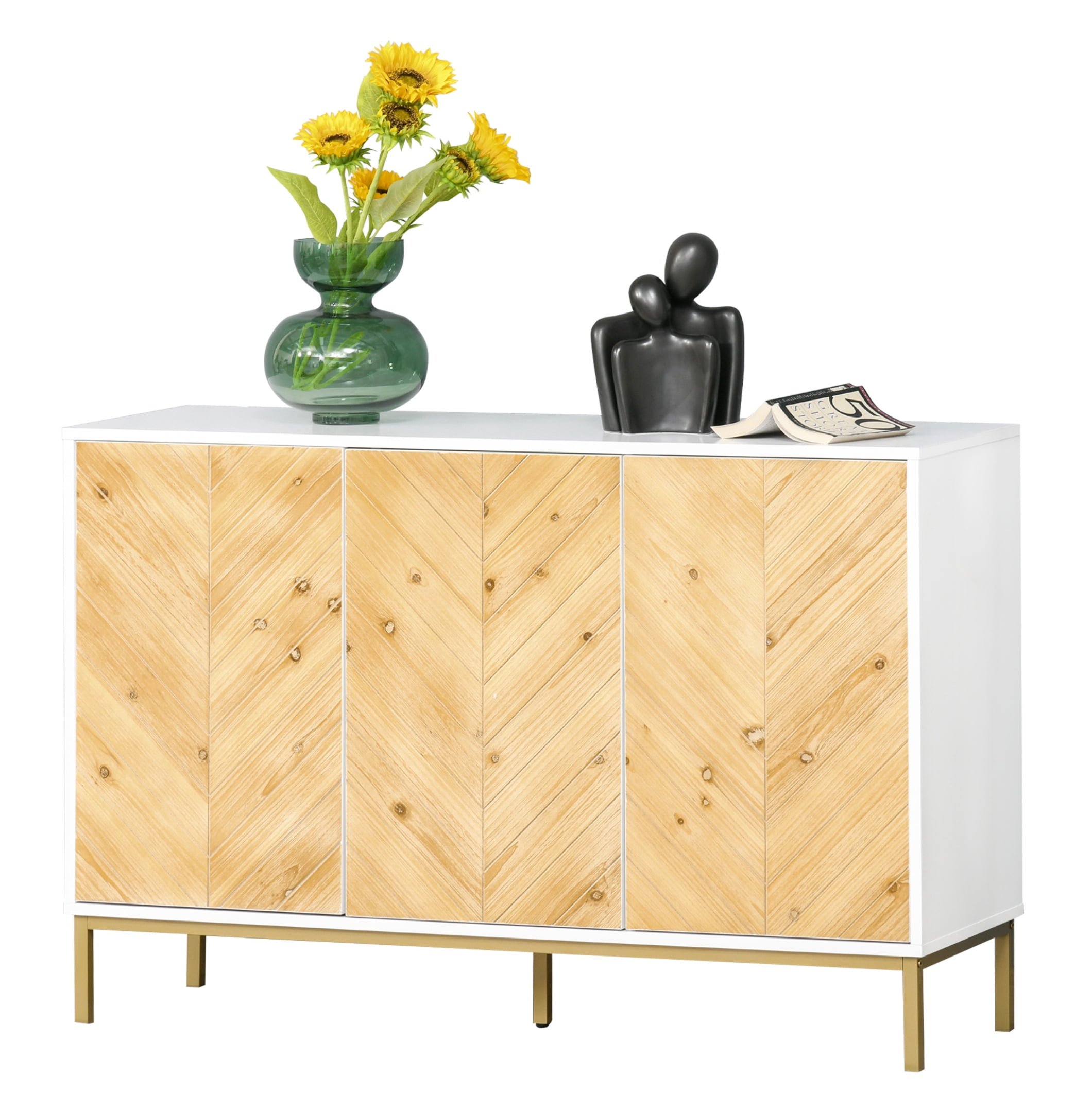 Sideboard Buffet Cabinet, 3 Door Coffee Bar Storage, Chevron Pattern ...