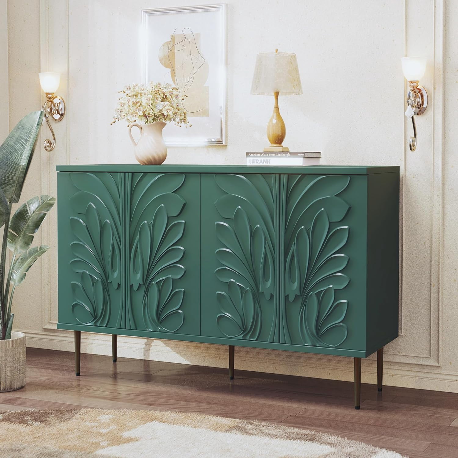 Sideboard Buffet Cabinet with 3D Flower Pattern Accent Cabinet with 2 ...