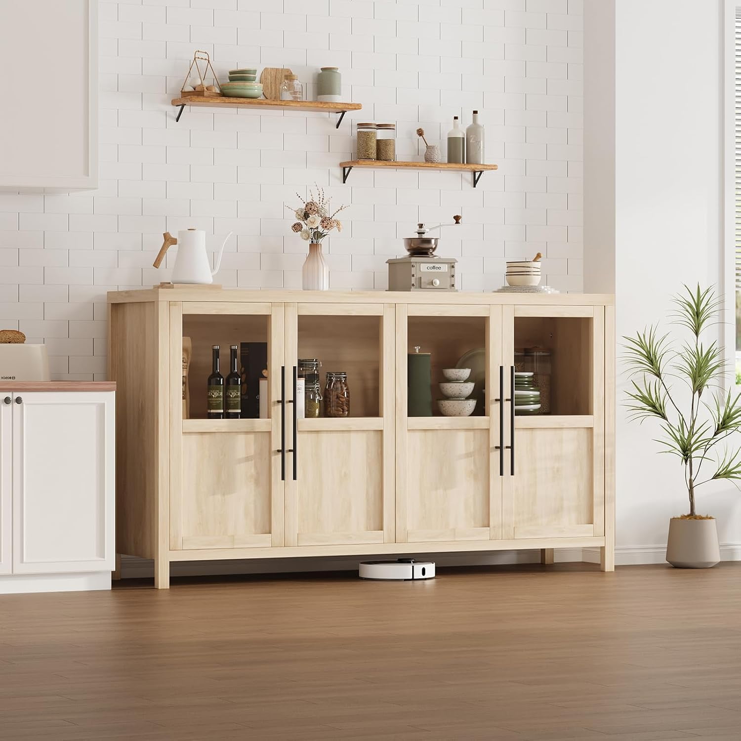 Sideboard Buffet Cabinet with 4 Glass Doors, 55" Large Buffet Cabinet ...