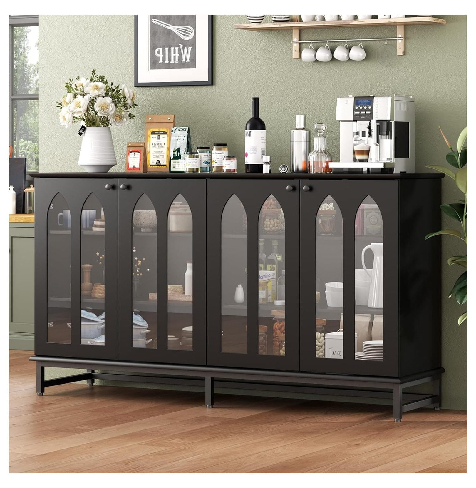 Sideboard Buffet Cabinet with 4 Glass Doors, Black Buffet Cabinet with ...