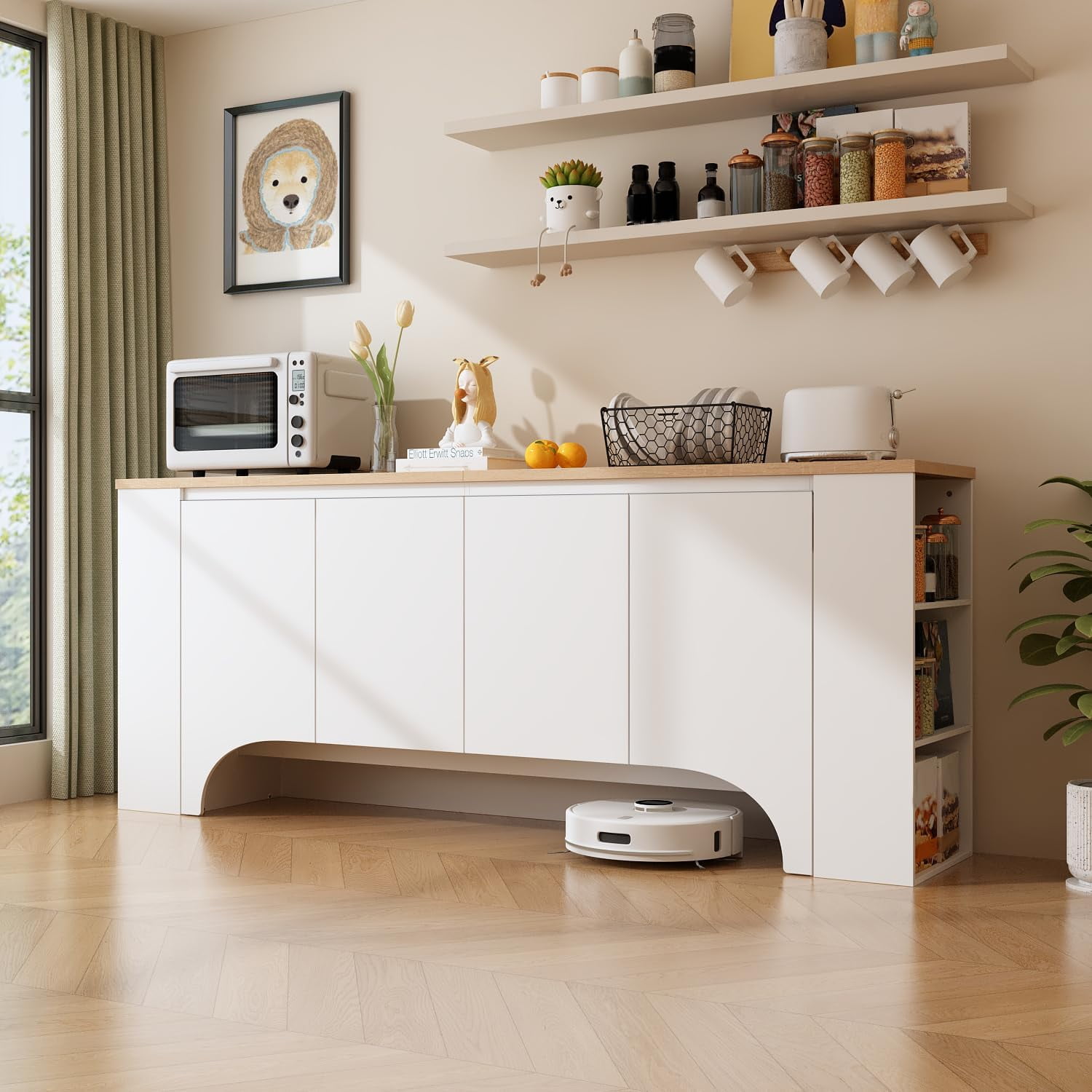 Sideboard Buffet Cabinet with 4 Hidden Shelves & 6 Open Shelves, 4-Door ...