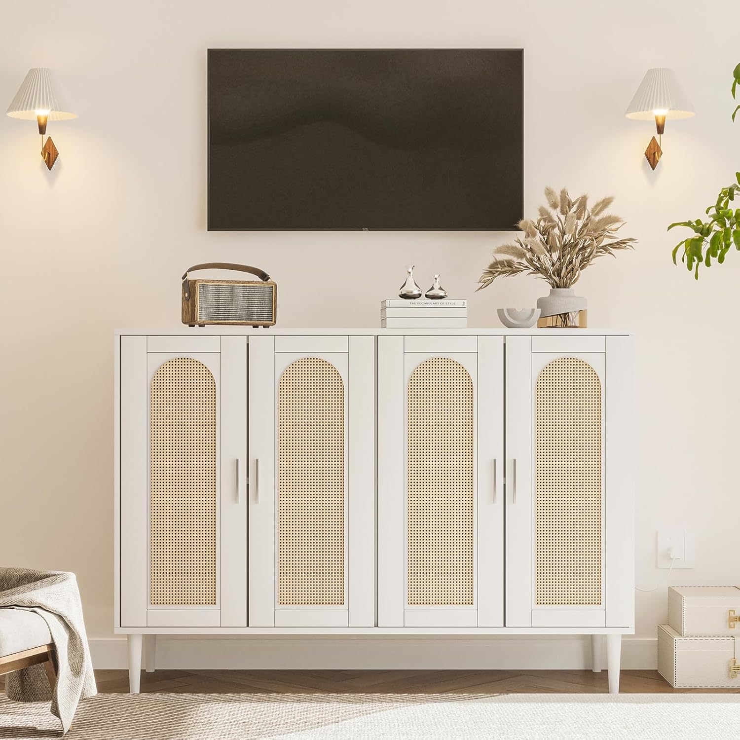 Sideboard Buffet Cabinet, 4 Rattan Doors Accent Storage Cabinet ...