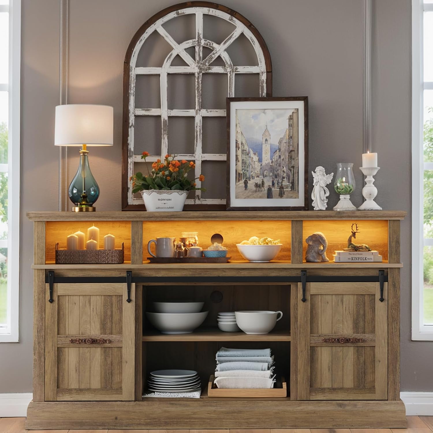 Sideboard Buffet Cabinet, 58" Kitchen Cabinet with LED Lights and ...