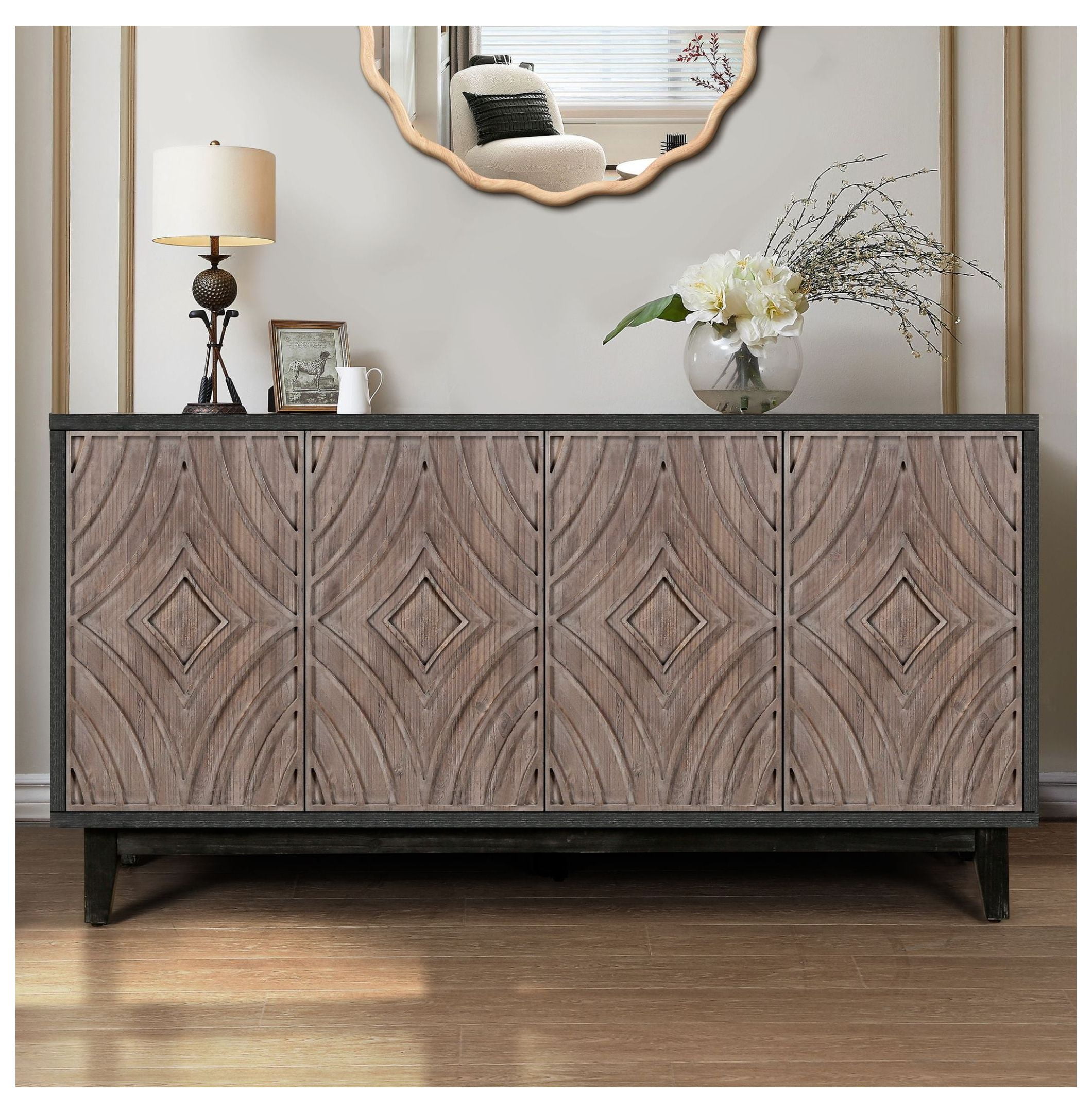 Sideboard Buffet Cabinet 60 Inch, Solid Wood Kitchen Storage Credenza ...