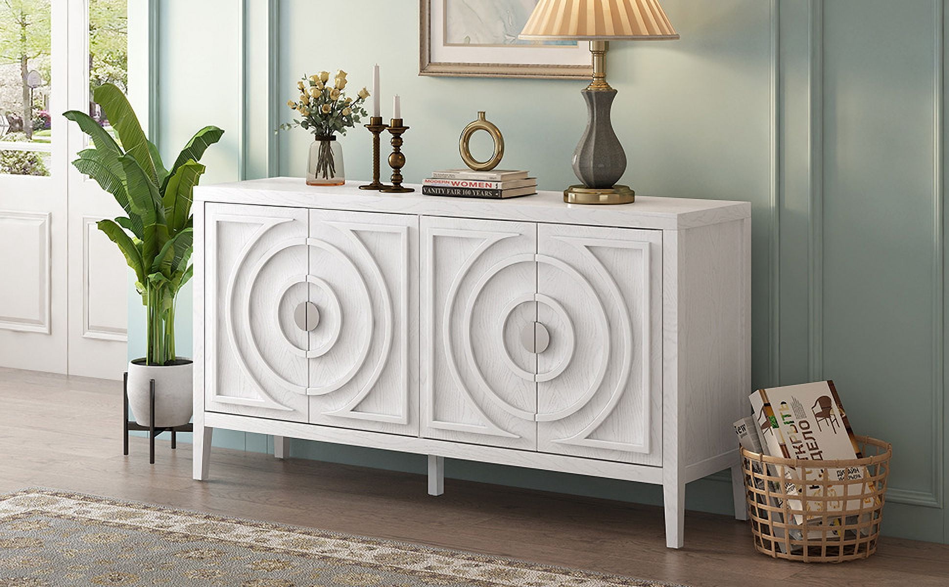 Sideboard Buffet Cabinet, 60" Retro Accent Circular Groove Cabinet with ...