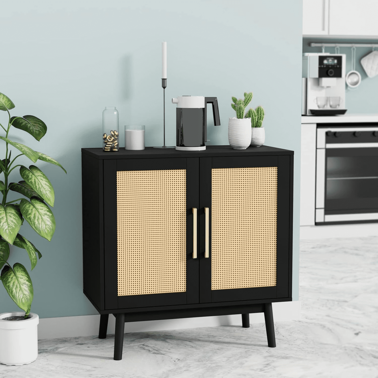 Living Room Accent Cabinet Adjustable Shelves Rattan Buffet Cabinet ...