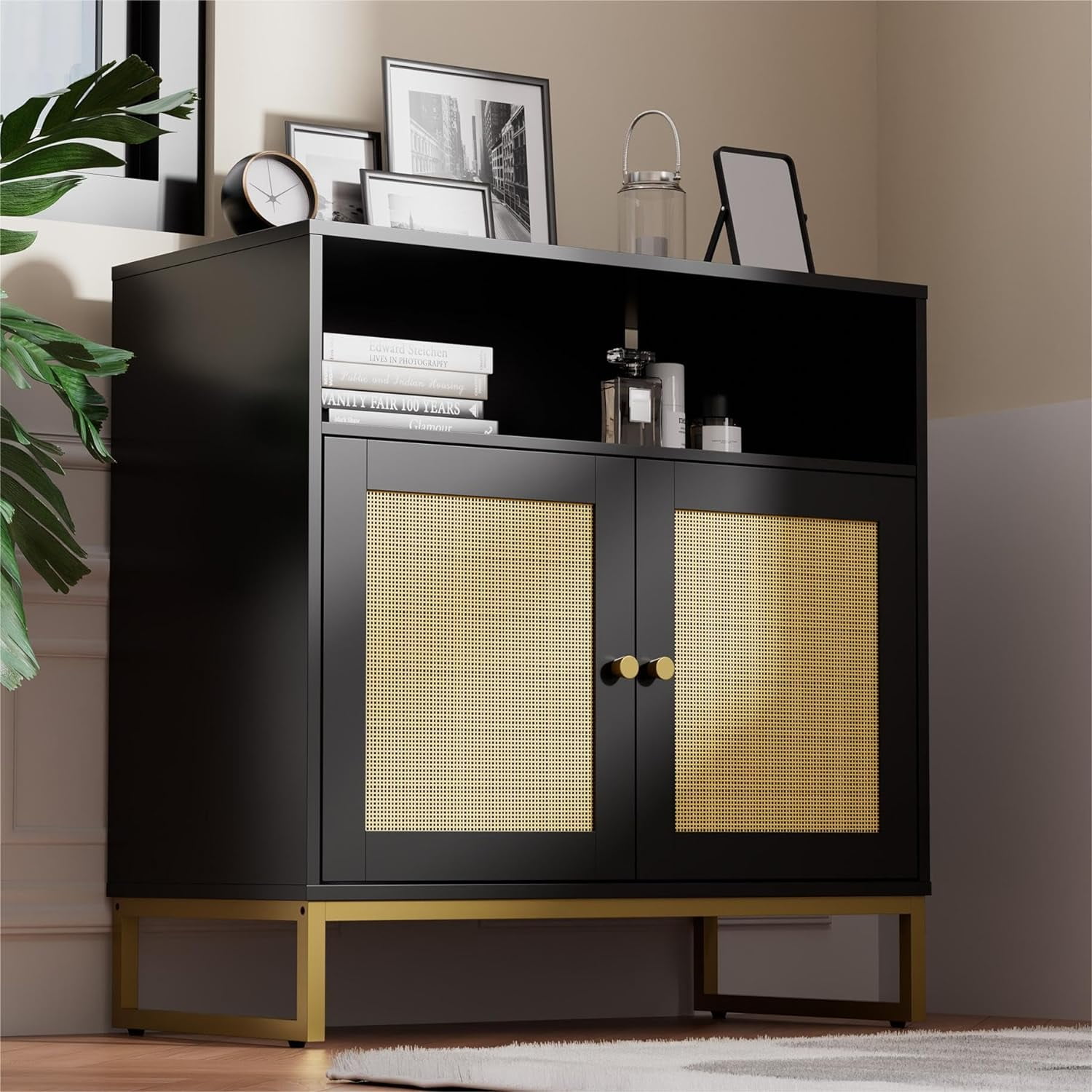Sideboard Buffet Cabinet, Black Rattan Sideboard Cabinet with Storage ...