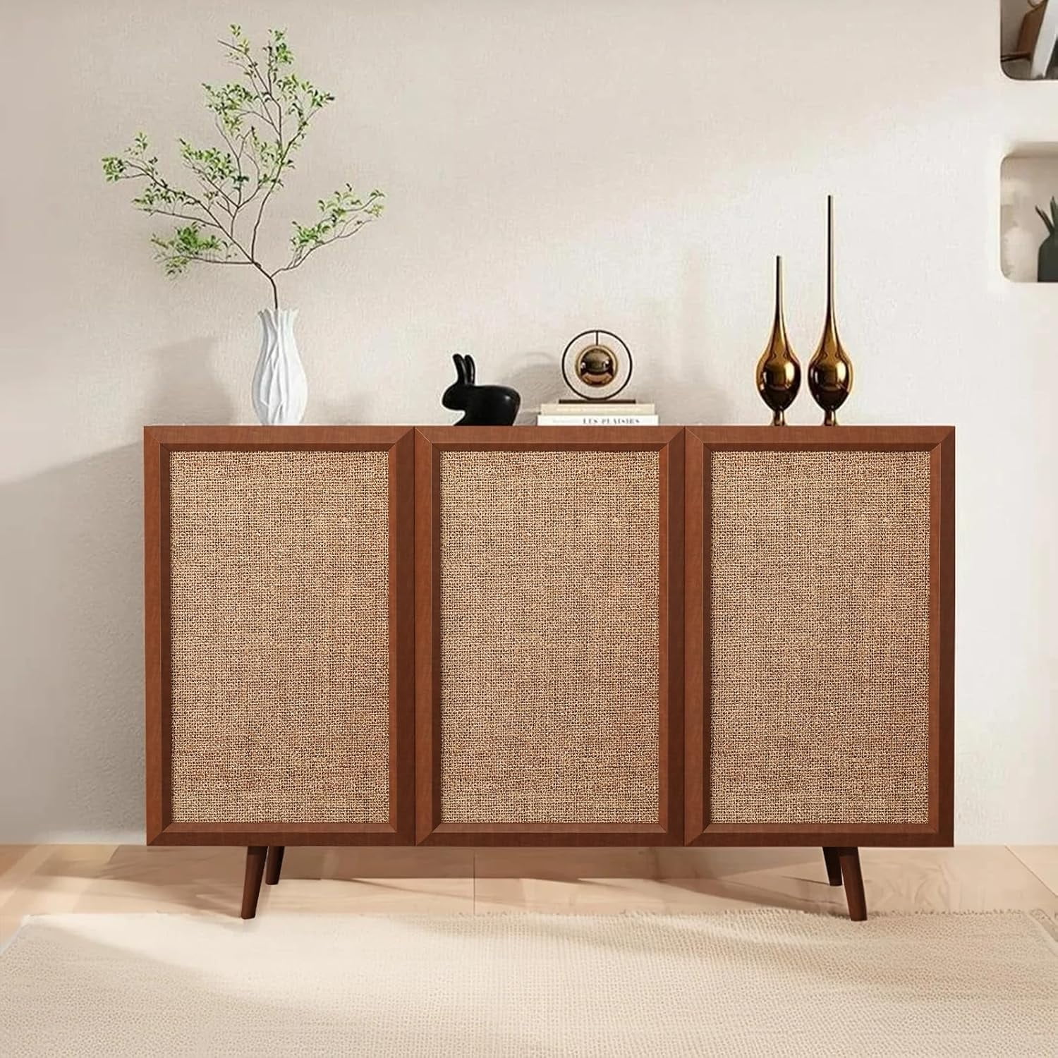 Sideboard Buffet Cabinet, Farmhouse Rattan Accent Storage Sideboard Cabinet, Boho Kitchen ...