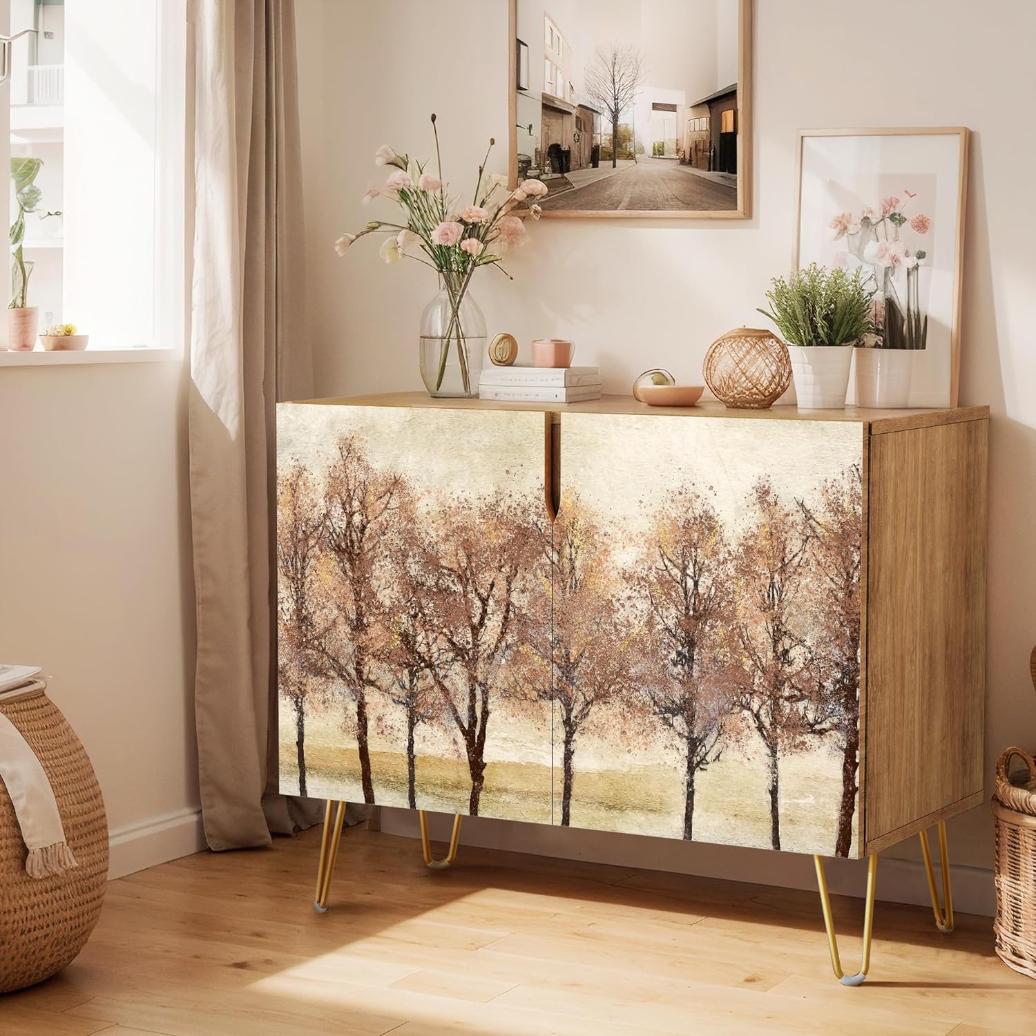 Sideboard Buffet Cabinet, Kitchen Storage Cabinet with 2 Doors, Autumn Pastel Watercolor Forest ...