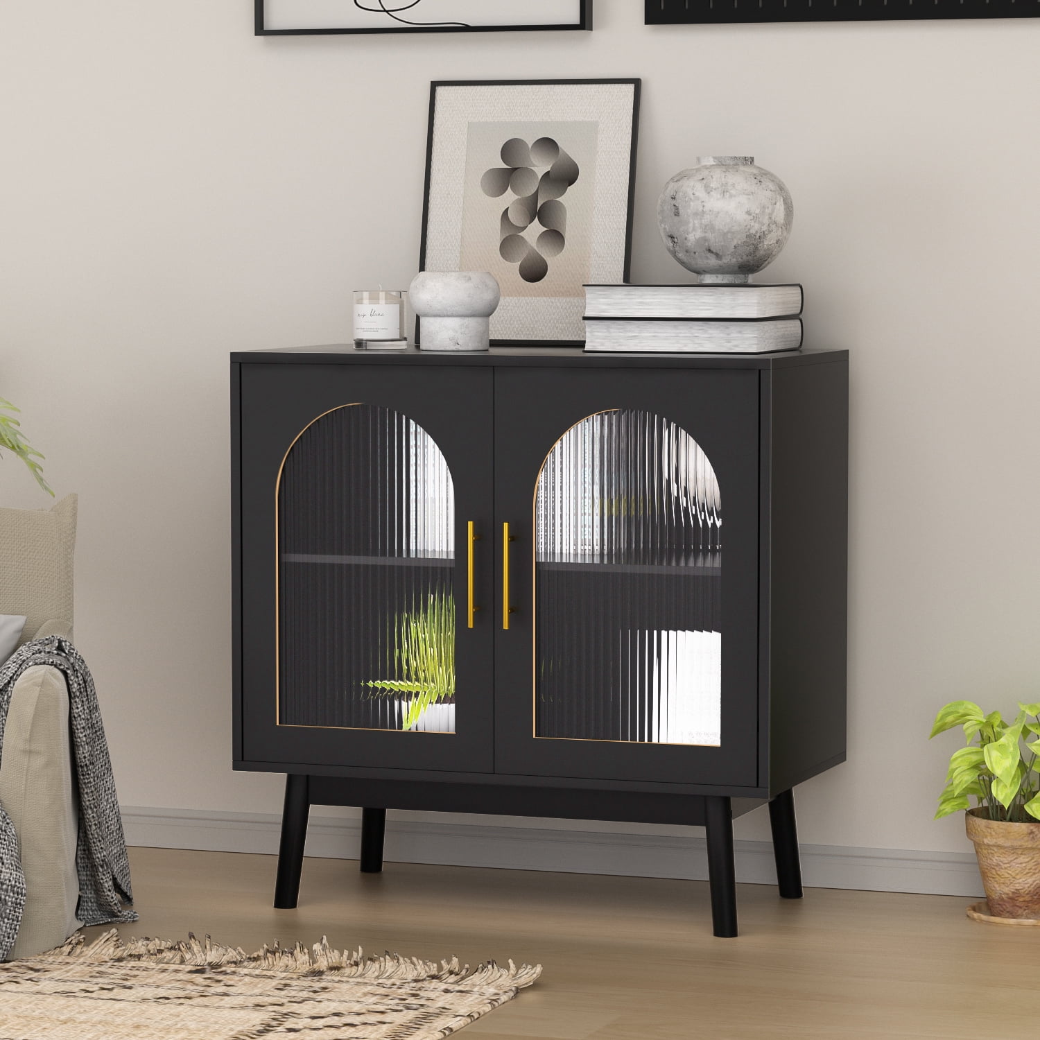 Sideboard Buffet Cabinet Modern Accent Storage Cabinet with 2 Glass Doors Freestanding Kitchen Storage Cabinet with Adjustable Shelves for Living