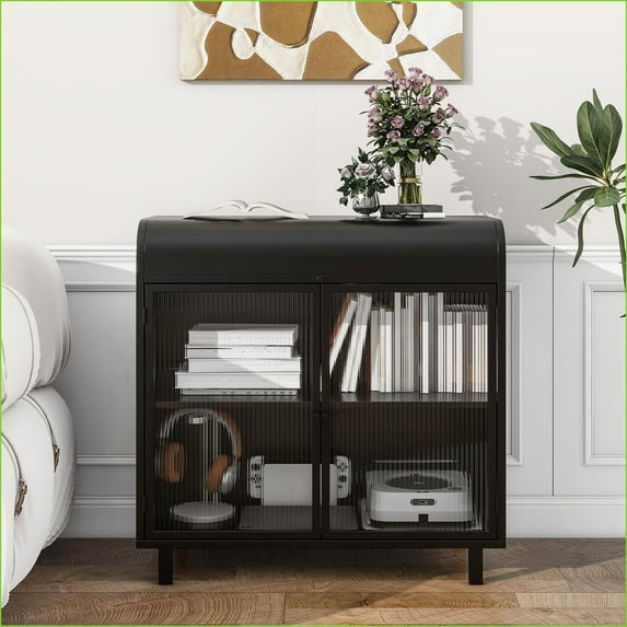 Sideboard Buffet Cabinet, Modern Black Steel Frame with Tempered Glass ...