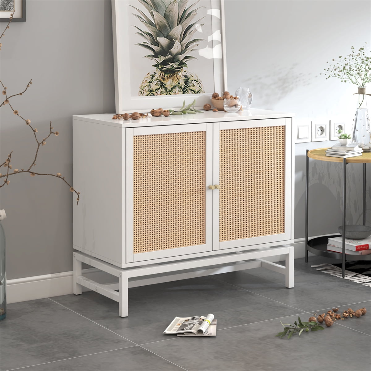 Sideboard Buffet Cabinet with Natural Rattan and 2 Doors, Adjustable ...