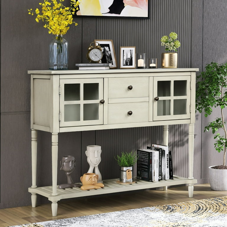 Sideboard Buffet Cabinet Retro Kitchen Buffet Storage Cabinet with 2 Drawers 2 Glass Doors Rustic Vintage Pine Wood Dining Room Cabinet with