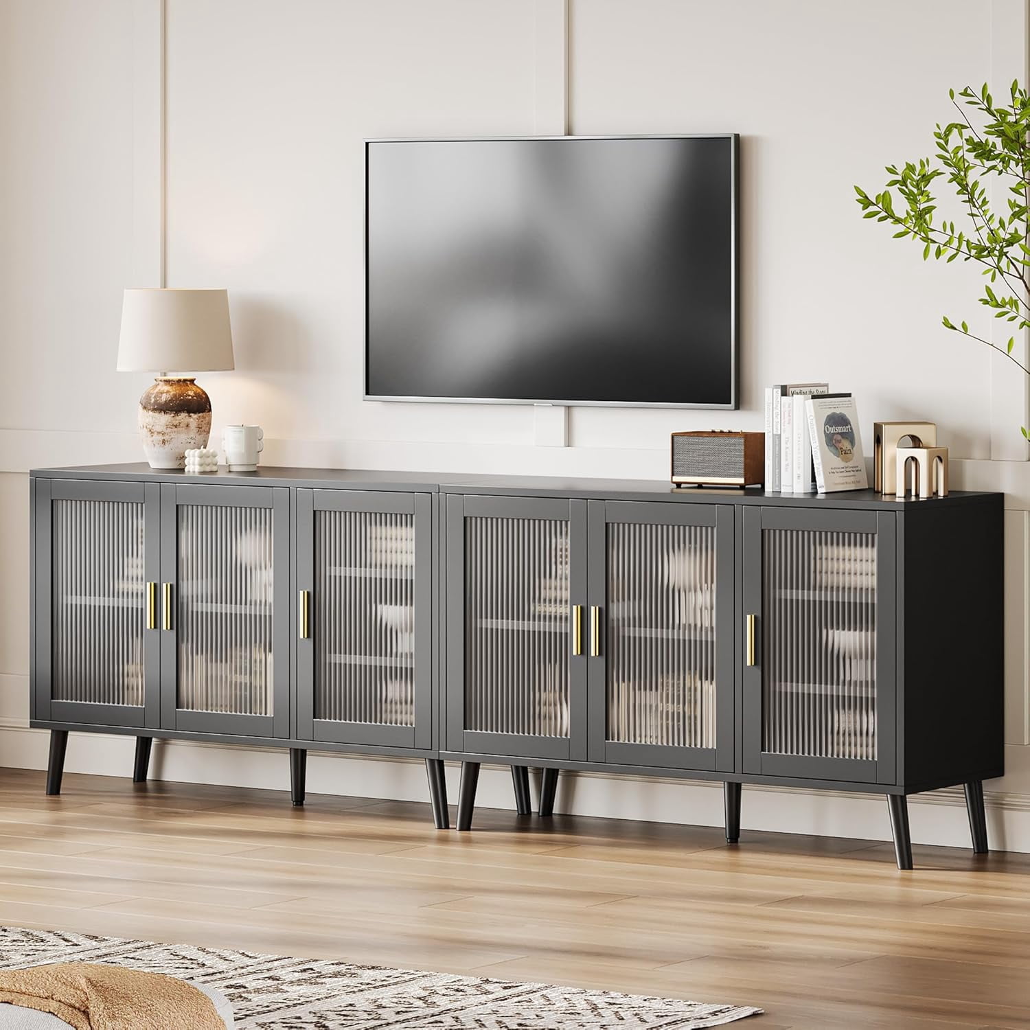 Sideboard Buffet Cabinet Set of 2, 48" Black Buffet Cabinetwith Ribbed ...