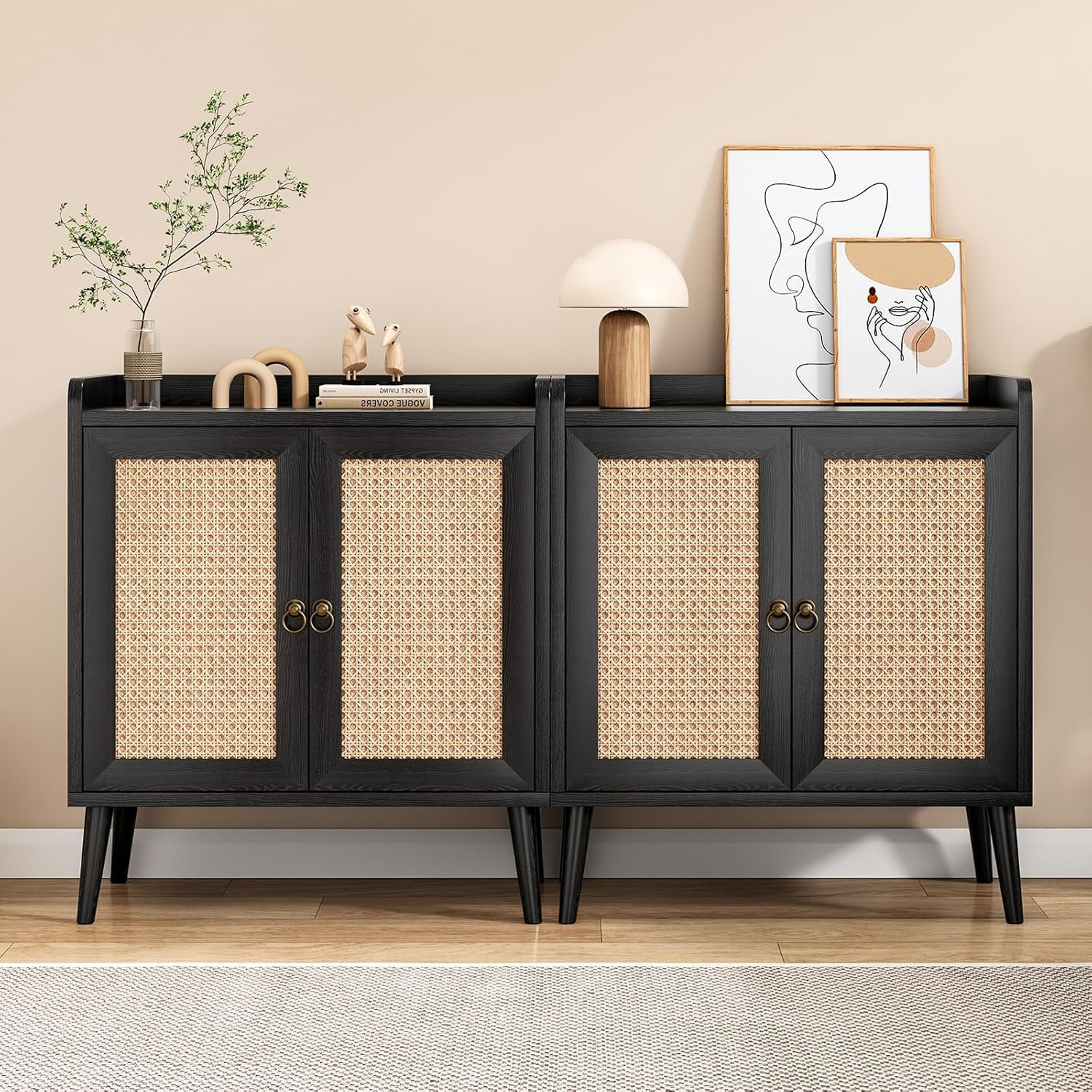 Sideboard Buffet Cabinet Set of 2 Bar Liquor Cabinet with Rattan ...