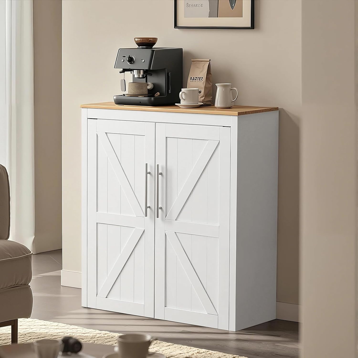 Sideboard Buffet Cabinet with Solid Wood Tabletop, Kitchen Storage ...