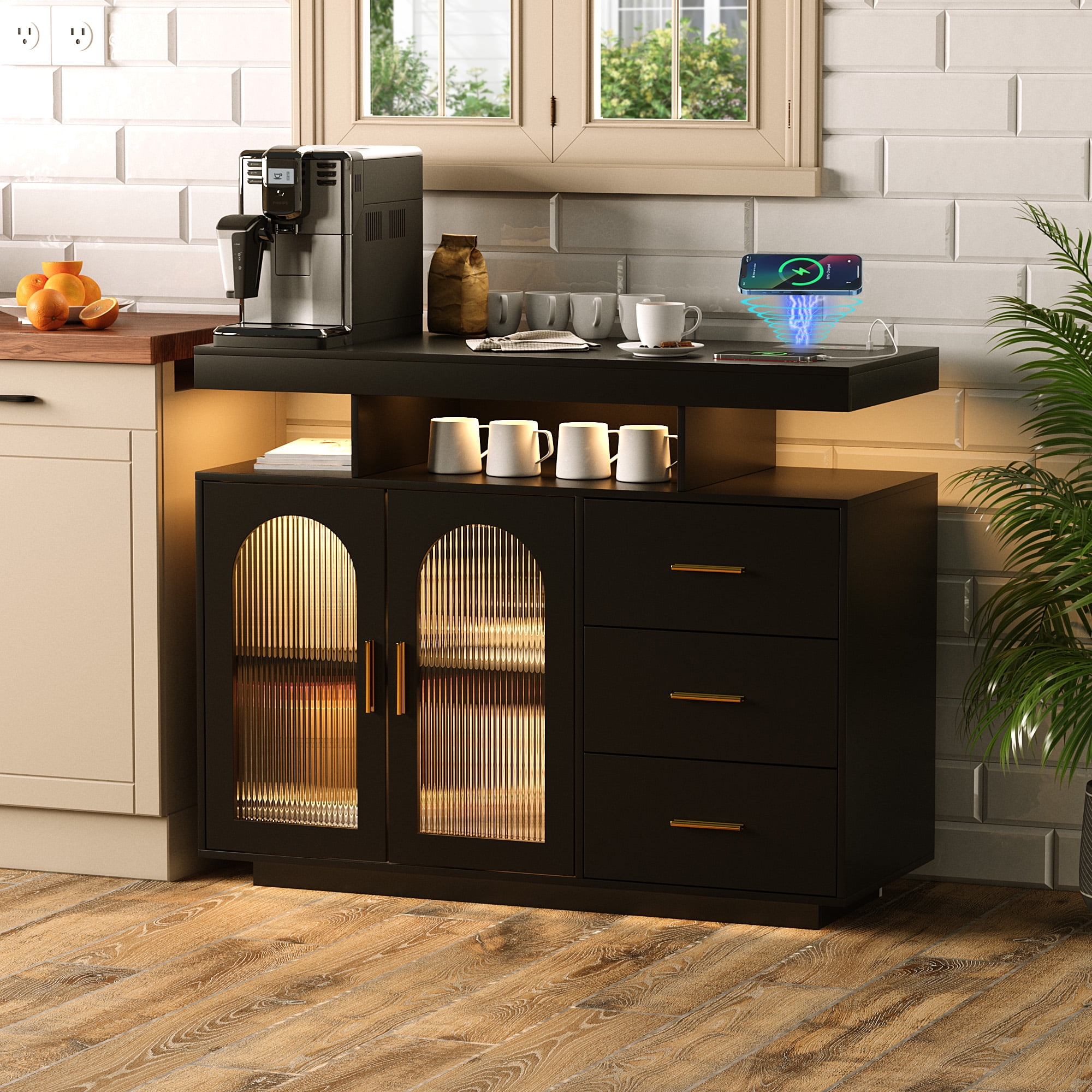 Sideboard Buffet Cabinet with Storage with 3 Drawers and 2 Doors, Auto ...