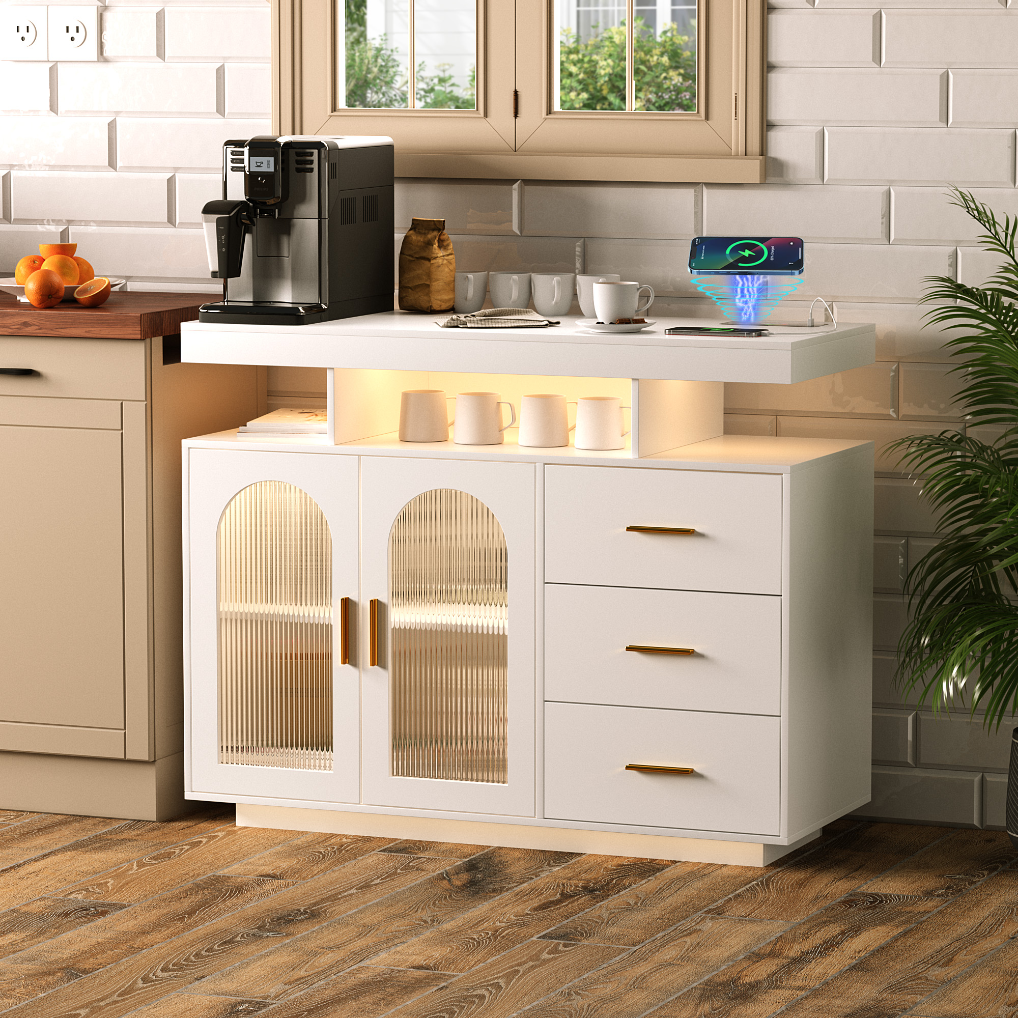 Sideboard Buffet Cabinet with Storage with 3 Drawers and 2 Doors, Auto ...